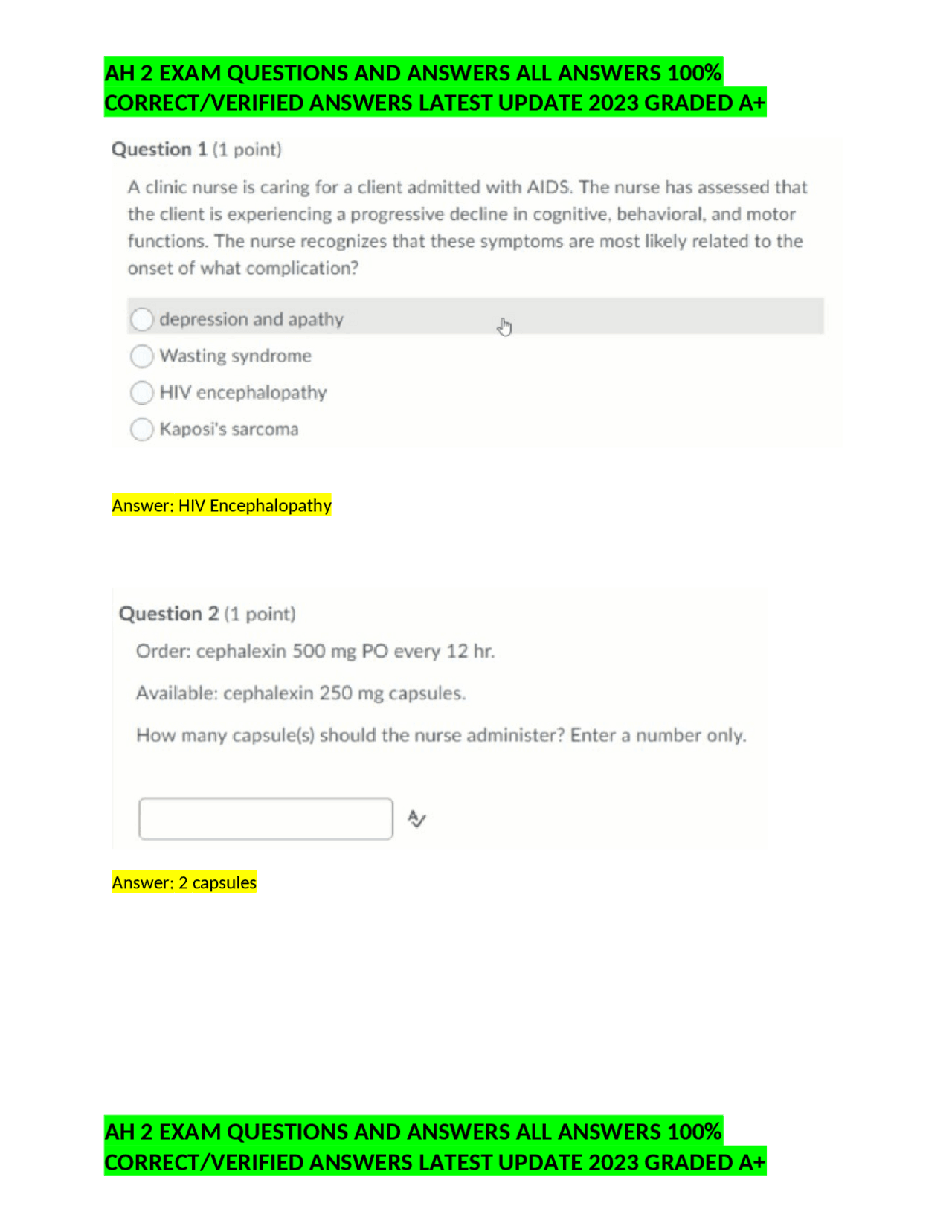 Ah 2 Exam Questions And Answers All Answers 100 Correctverified