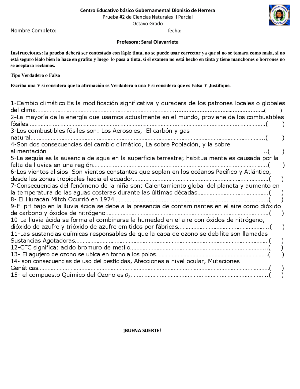 Examen De Octavo Grado Exámenes De Ciencias Naturales Docsity