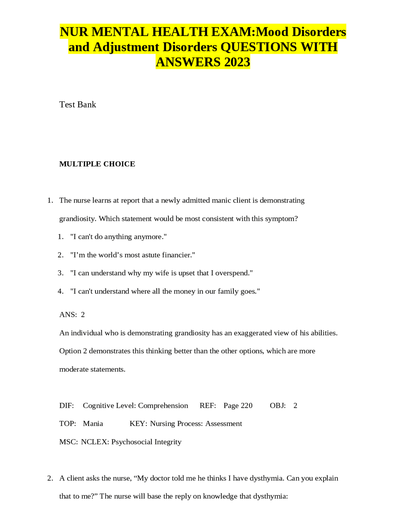 NUR MENTAL HEALTH EXAM:Mood Disorders and Adjustment Disorders ...