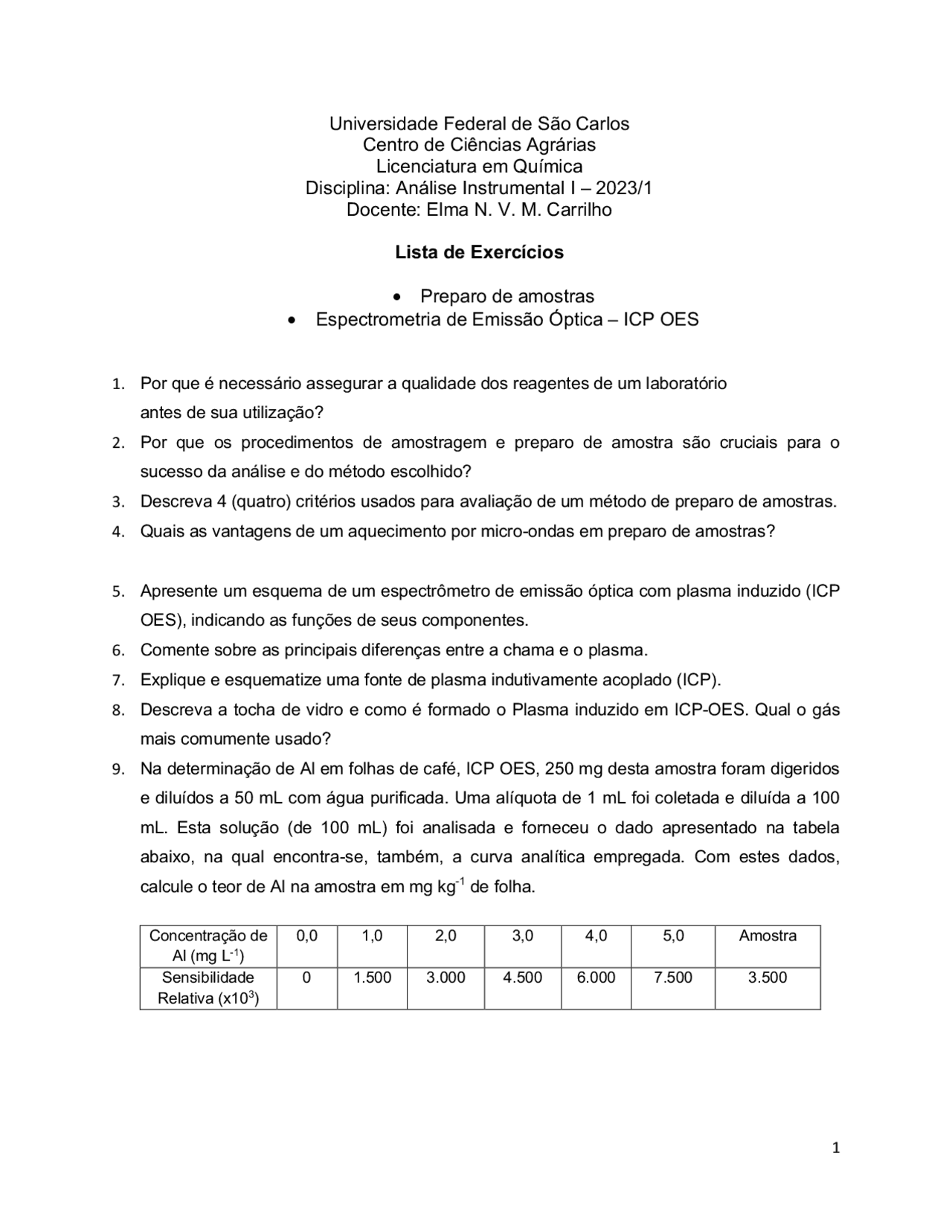Lista de preparo de amostra de ICP - OES | Exercícios Química | Docsity