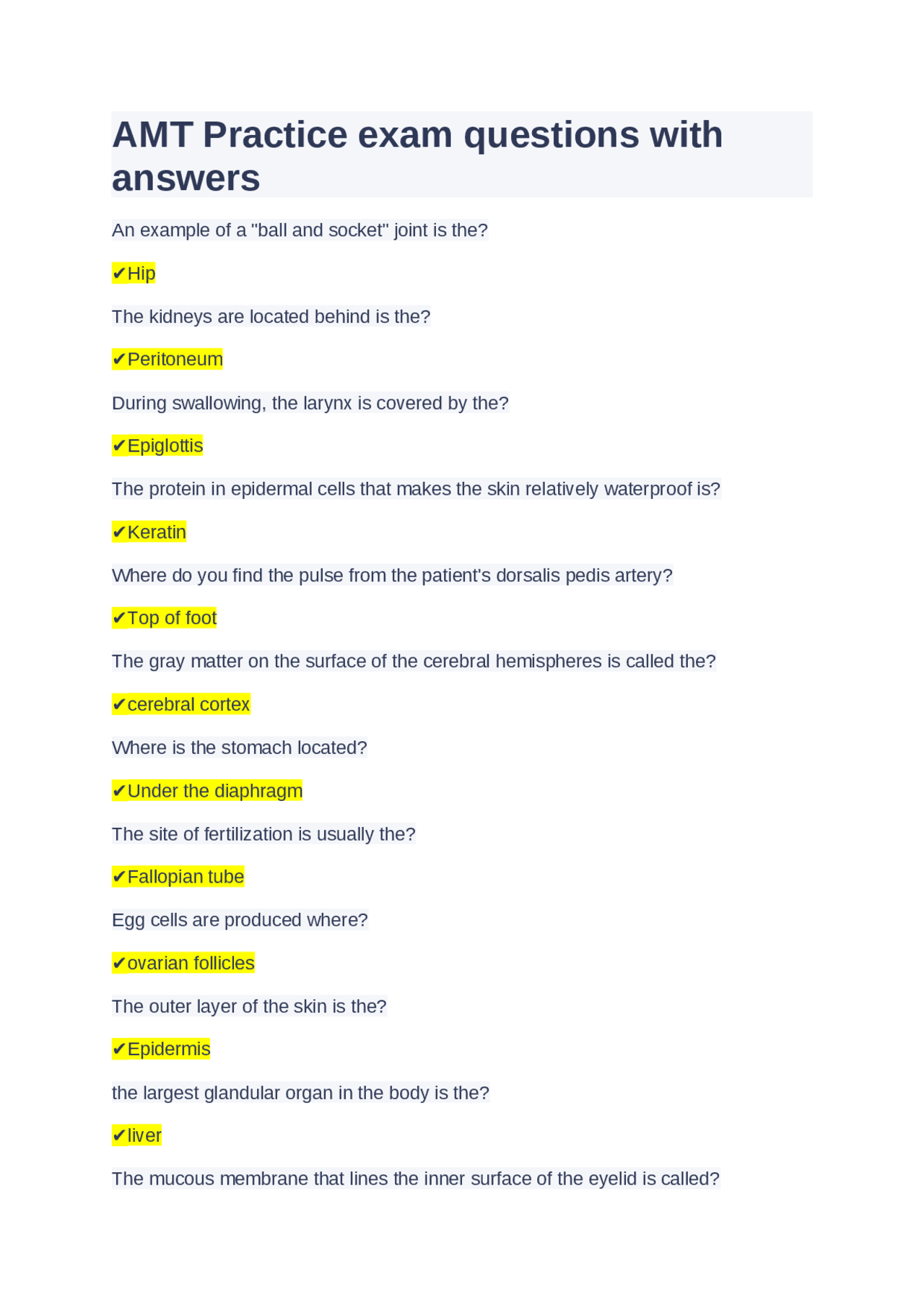 Amt Practice Exam Questions With Answers Exams Medicine Docsity