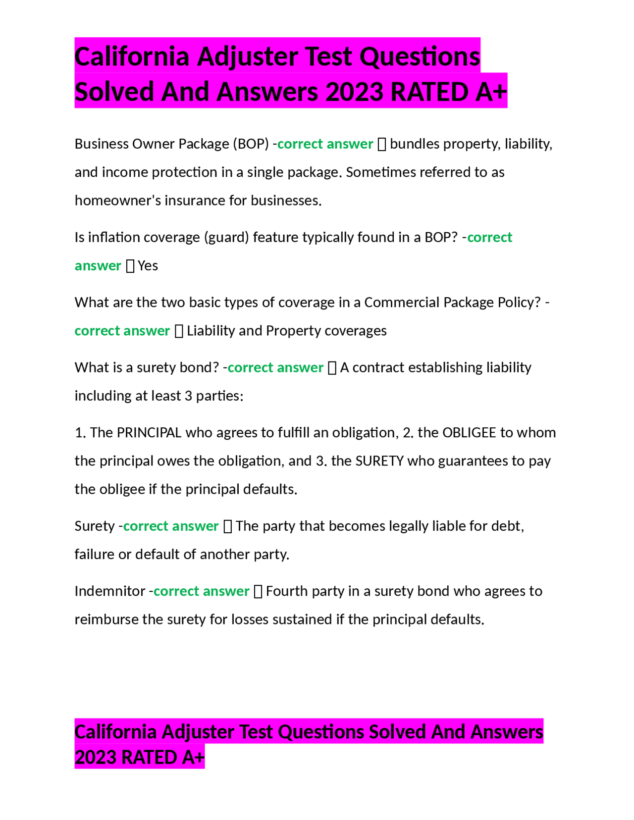 California Adjuster Test Questions Solved And Answers 2023 RATED A+ ...