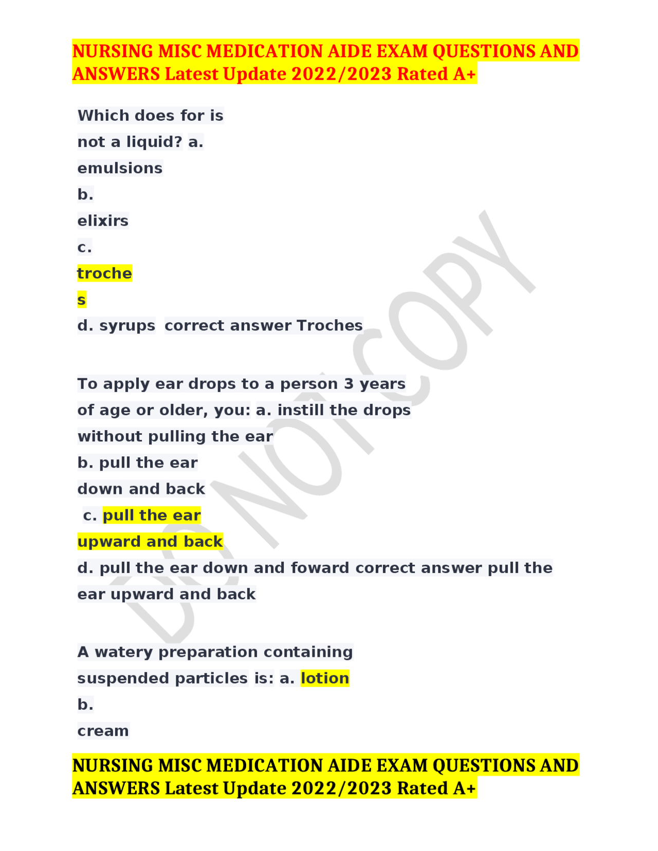 NURSING MISC MEDICATION AIDE EXAM QUESTIONS AND ANSWERS Latest Update ...