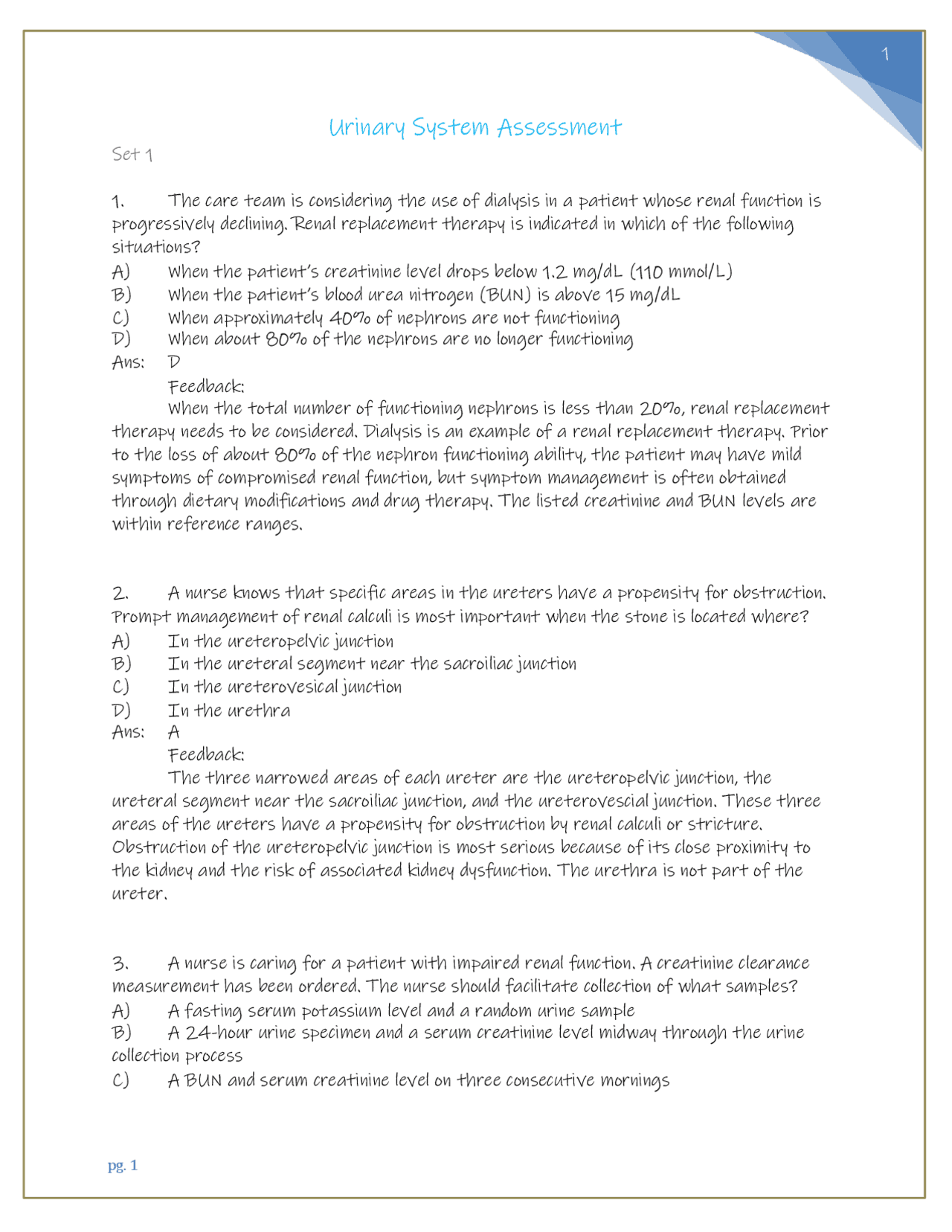 Urinary System Assessment (set 1,2&3 ),Urinary Problems(set 1,2&3) and ...