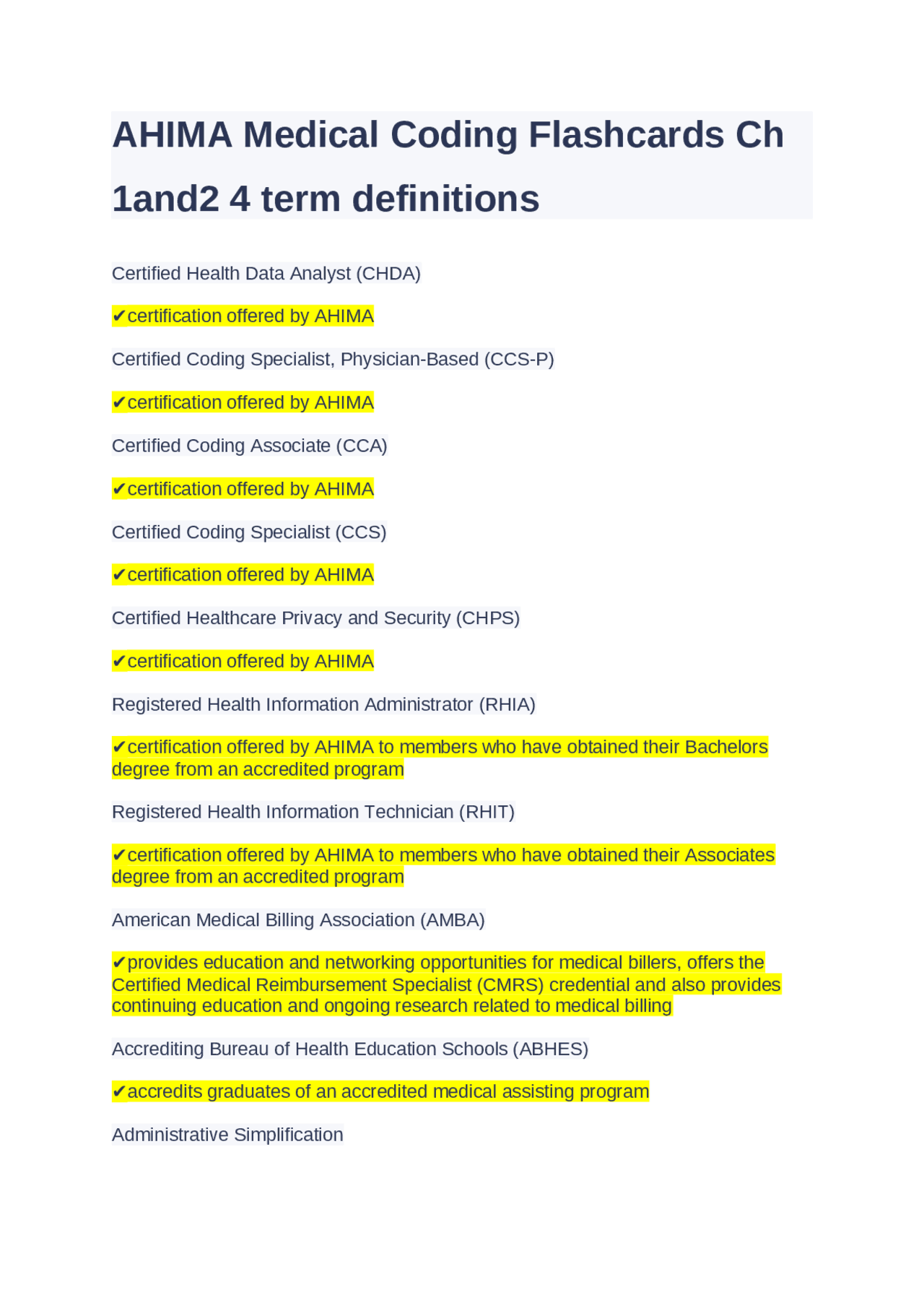 AHIMA Medical Coding Flashcards Ch 1and2 4 term definitions | Exams ...