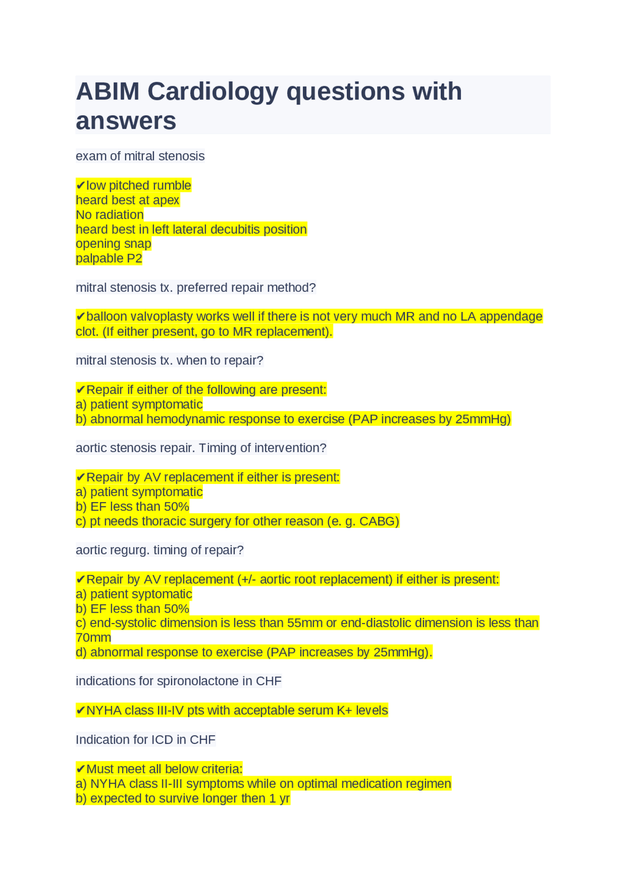 ABIM Cardiology questions with answers | Exams Medicine | Docsity