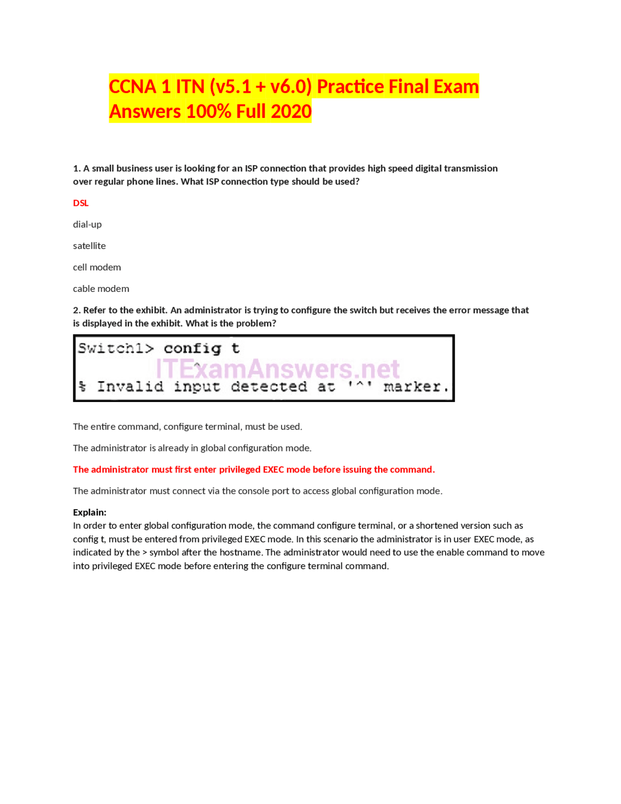 CCNA 1 ITN (v5.1 + v6.0) Practice Final Exam Answers 100% Full 2020 | Exams Nursing | Docsity