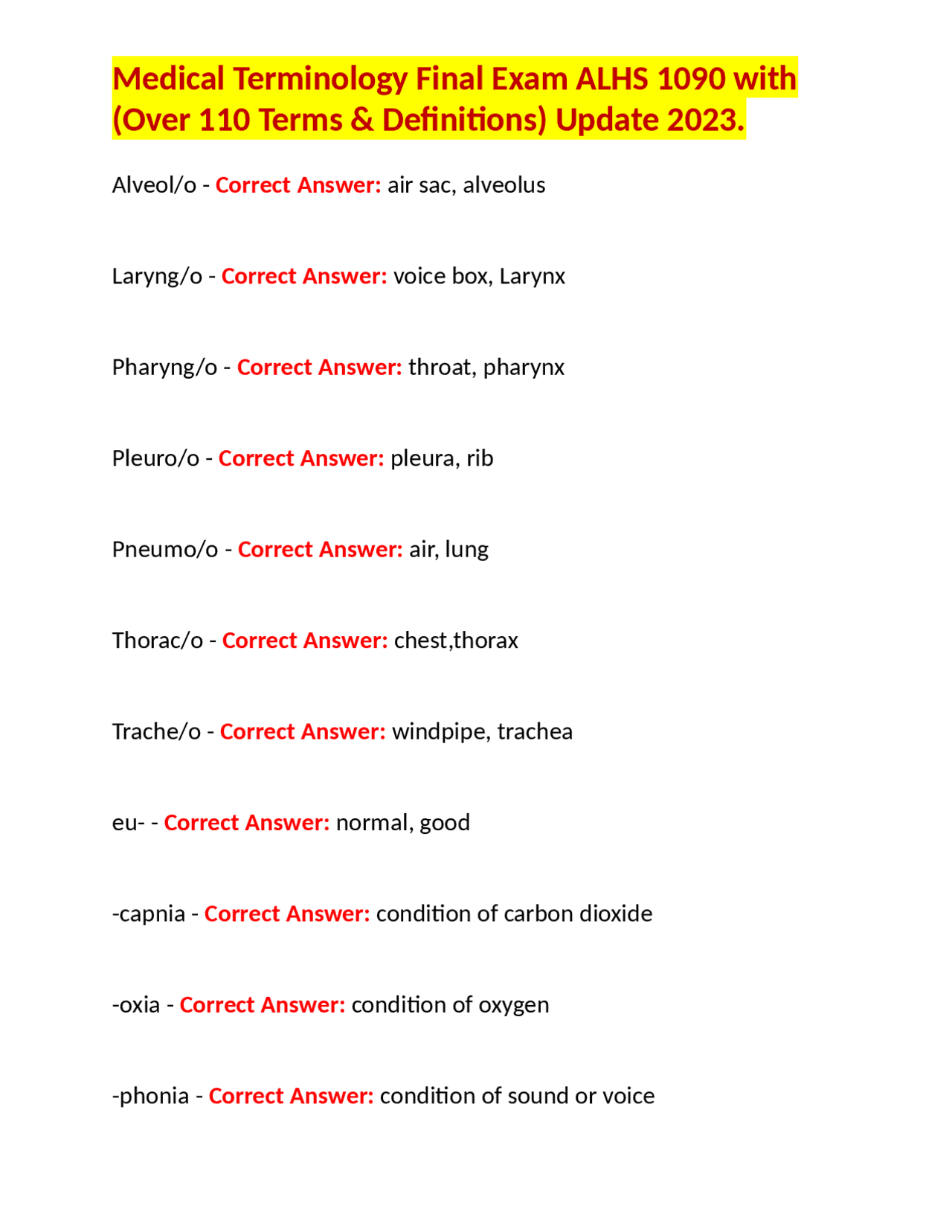 Medical Terminology Final Exam ALHS 1090 with (Over 110 Terms & Definitions) Update 2023 ...