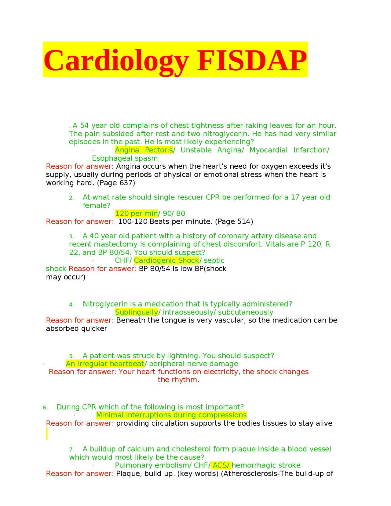 Cardiology FISDAPCardiology FISDAP | Exams Nursing | Docsity