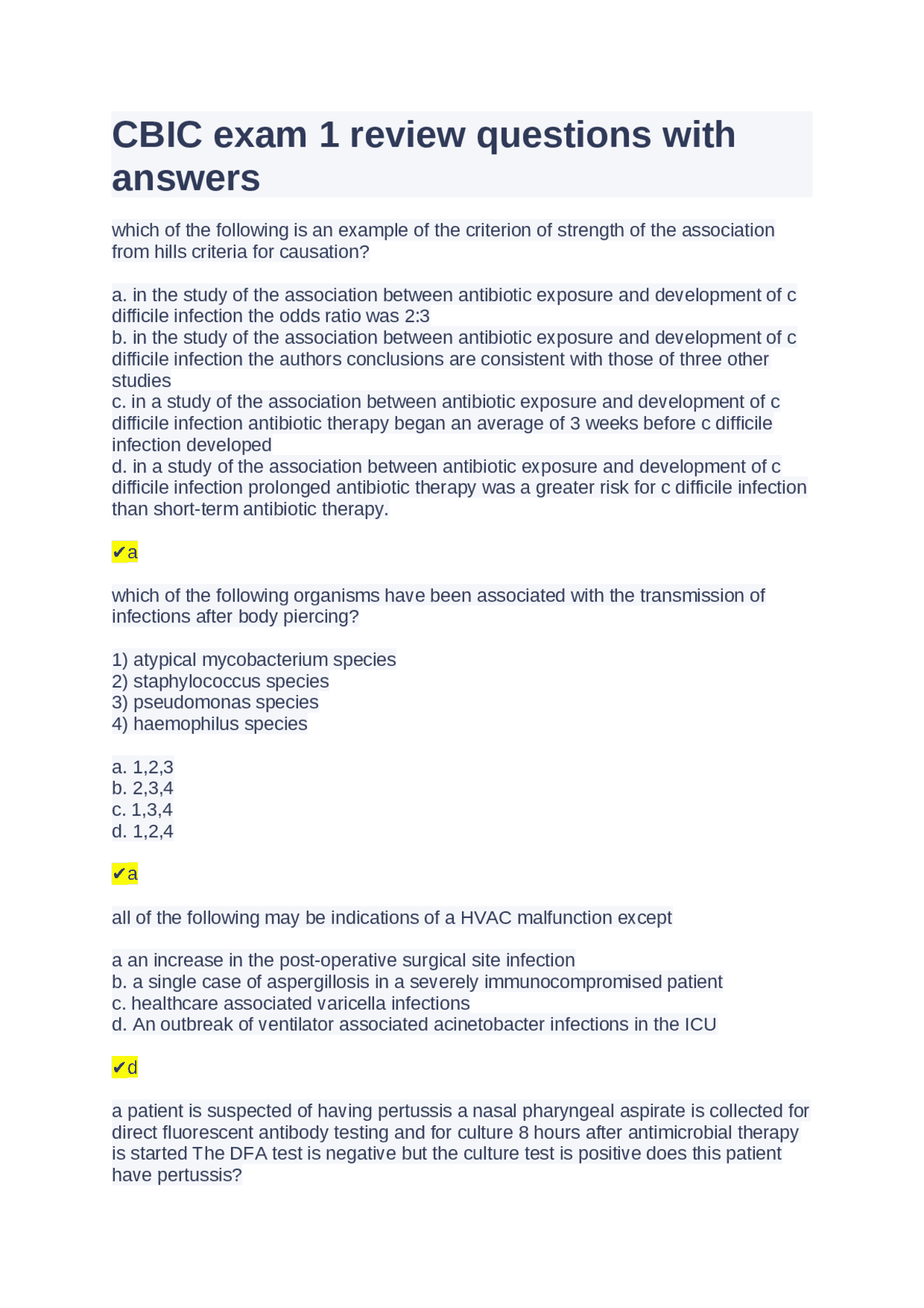 CBIC exam 1 review questions with answers | Exams Nursing | Docsity