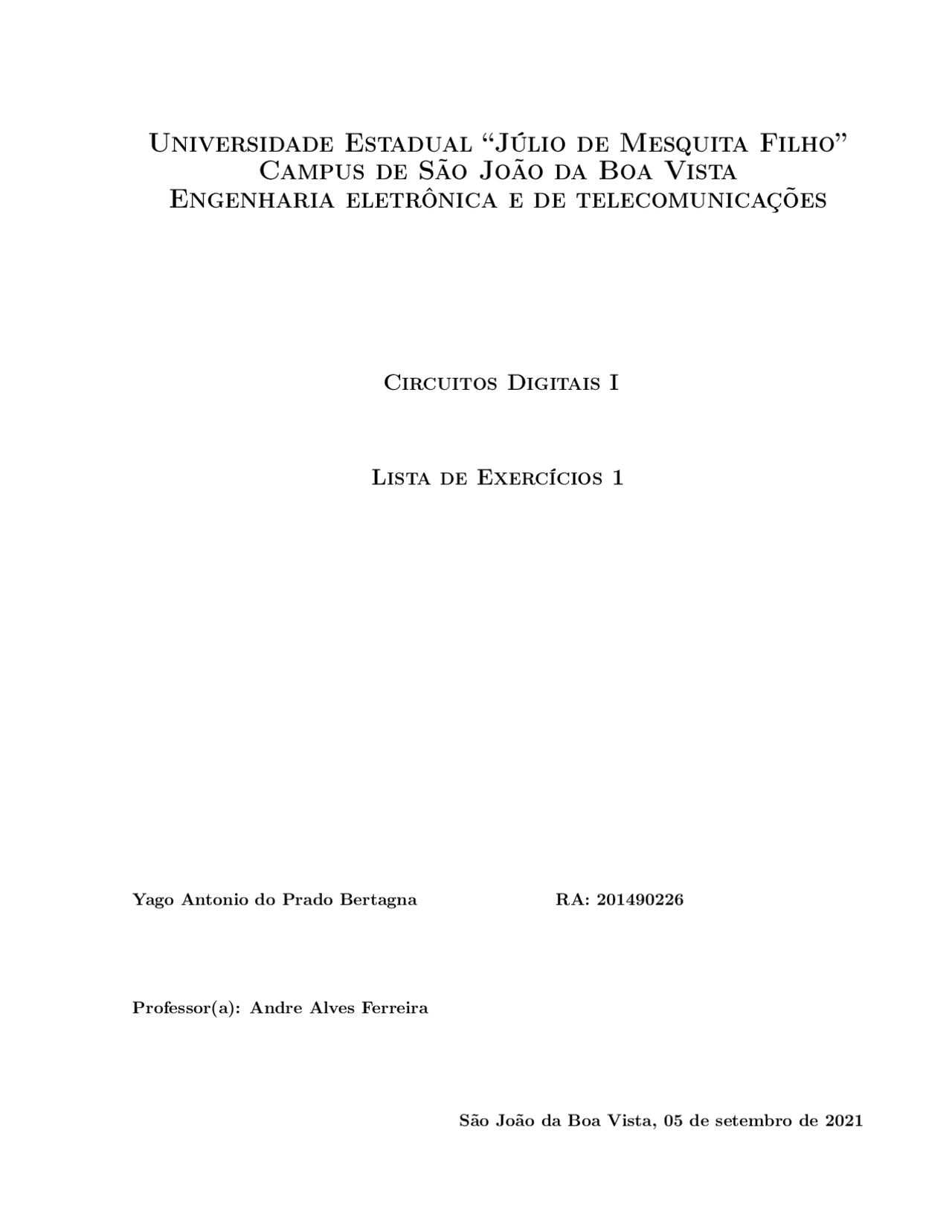Lista de Exercícios de Circuitos Digitais | Exercícios Eletrônica Digital | Docsity