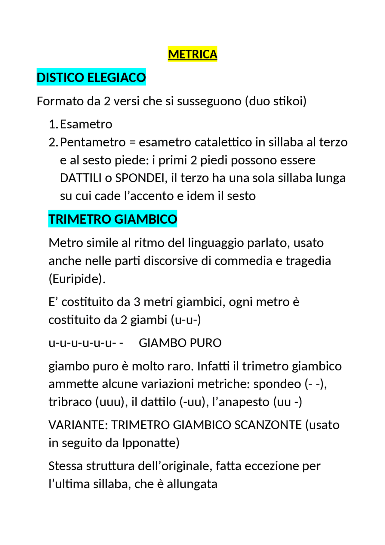 Riassunto per lo studio della metrica greca | Schemi e mappe concettuali di Lingue e letterature ...