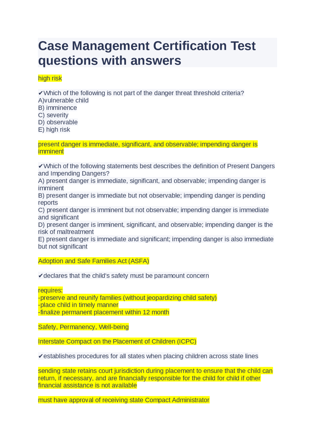 Case Management Certification Test questions with answers | Exams ...