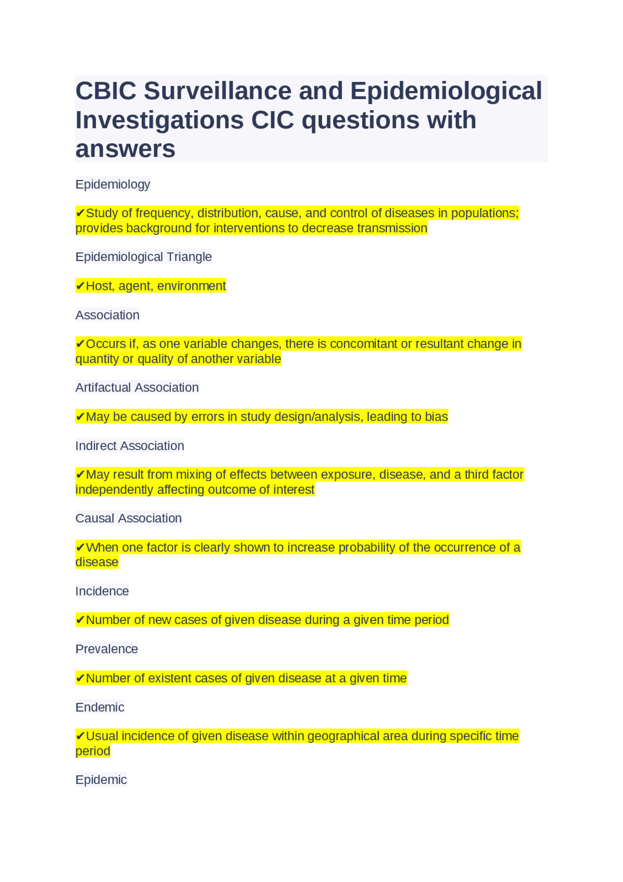 CBIC Surveillance and Epidemiological Investigations CIC questions with ...