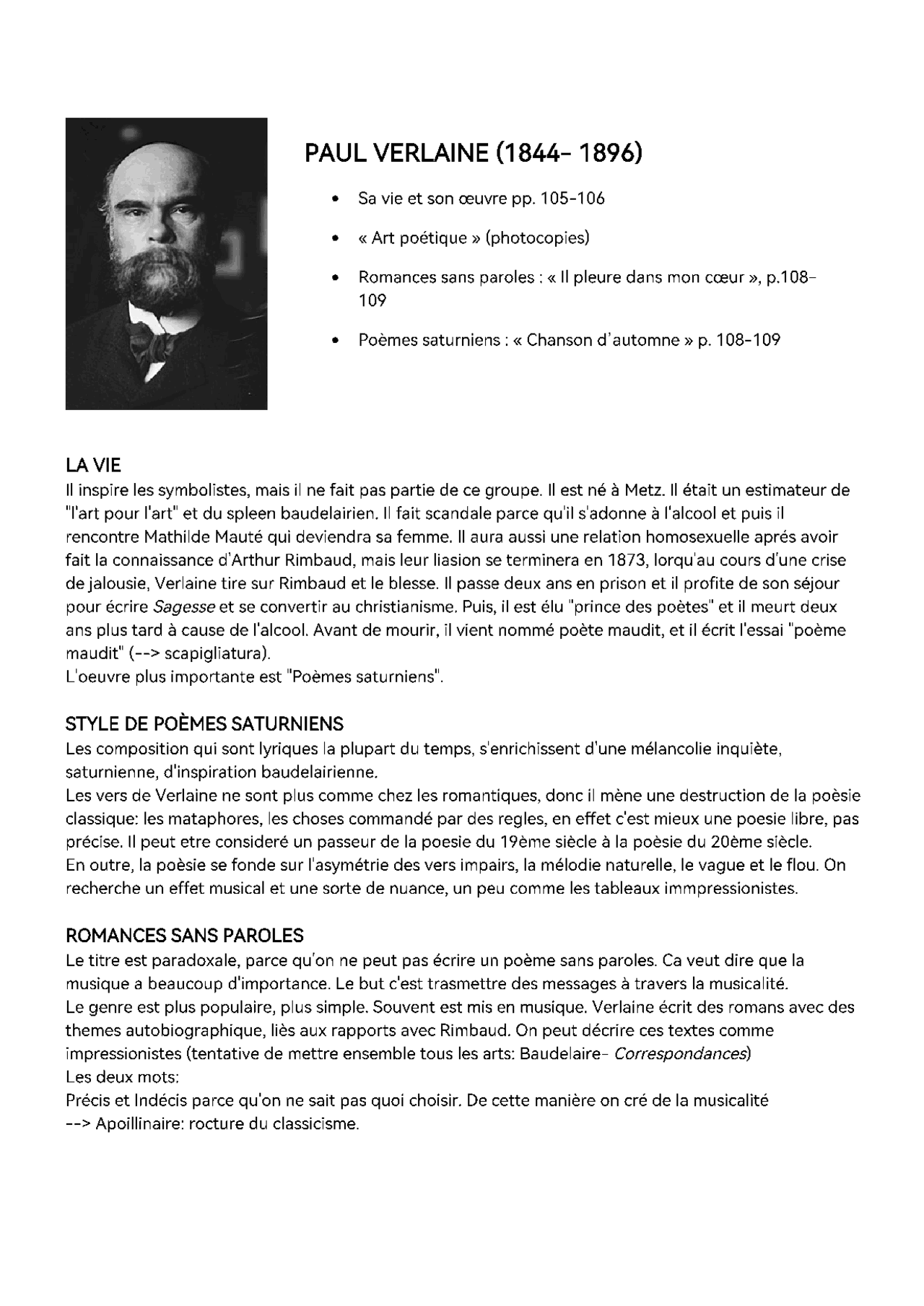 Verlaine E Rimbaud Vita E Opere Principali Appunti Di Francese Docsity