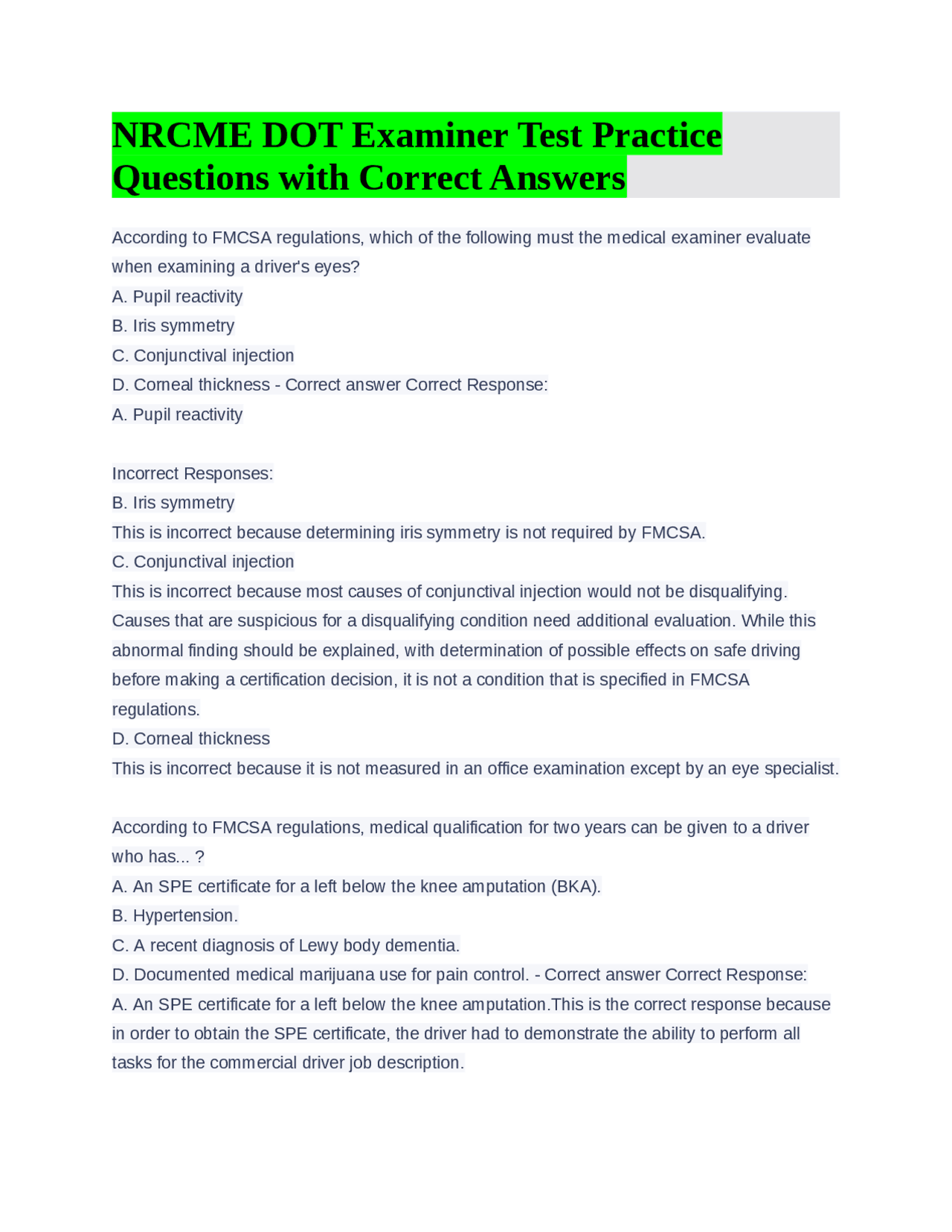 Nrcme Dot Examiner Test Practice Questions With Correct Answers Exams