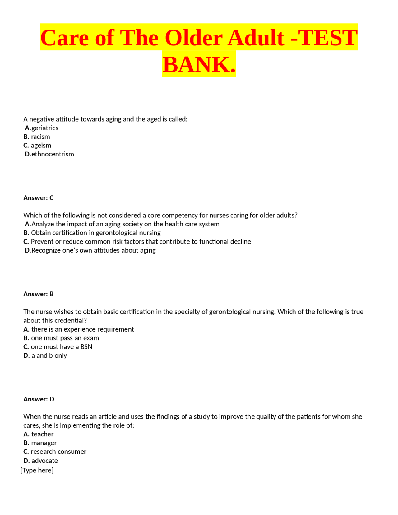 Care of The Older Adult -TEST BANK. | Exams Nursing | Docsity