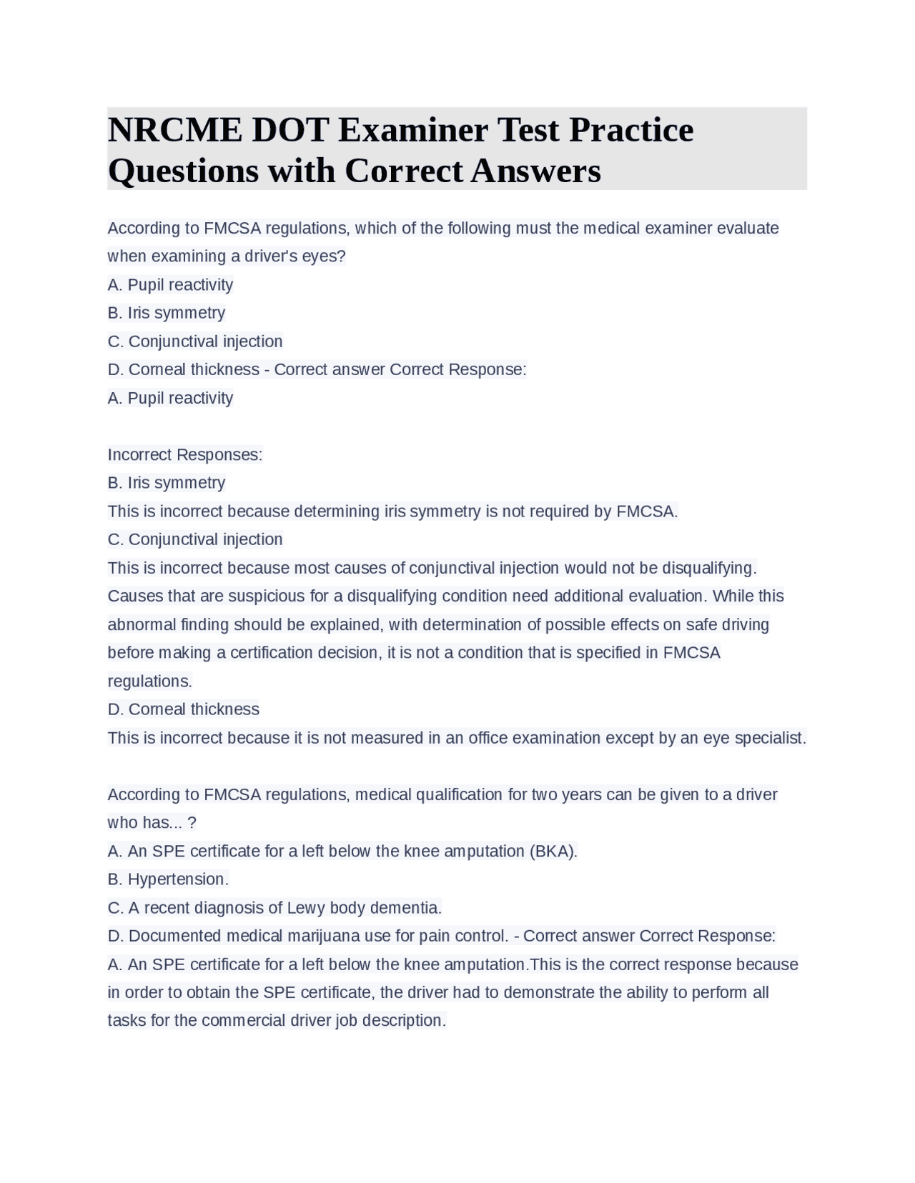 NRCME DOT Examiner Test Practice Questions with Correct Answers | Exams ...