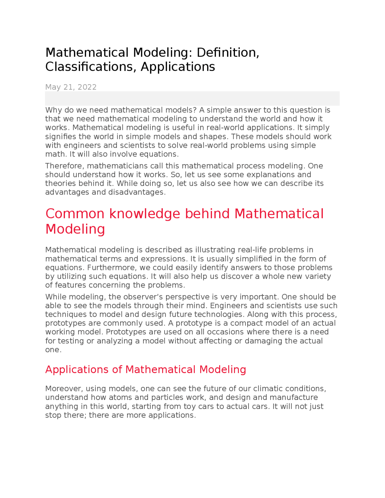 Mathematical Modeling Definition Classifications Applications