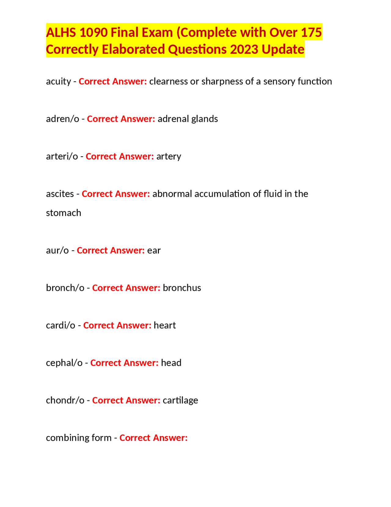 ALHS 1090 Final Exam (Complete with Over 175 Correctly Elaborated Questions 2023 Update | Exams ...