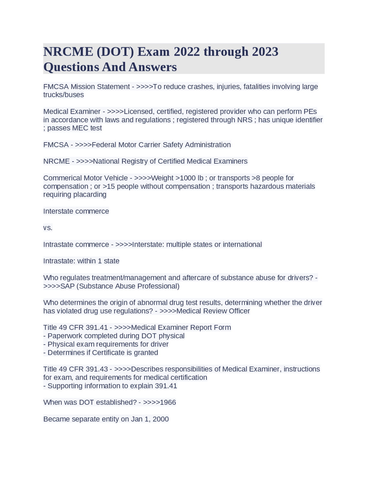 NRCME (DOT) Exam 2022 through 2023 Questions And Answers | Exams Health ...