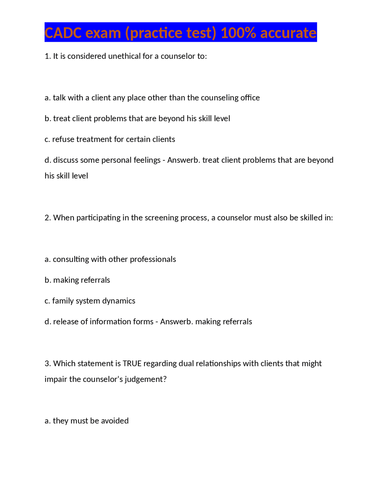 CADC exam (practice test) 100% accurate | Exams Nursing | Docsity