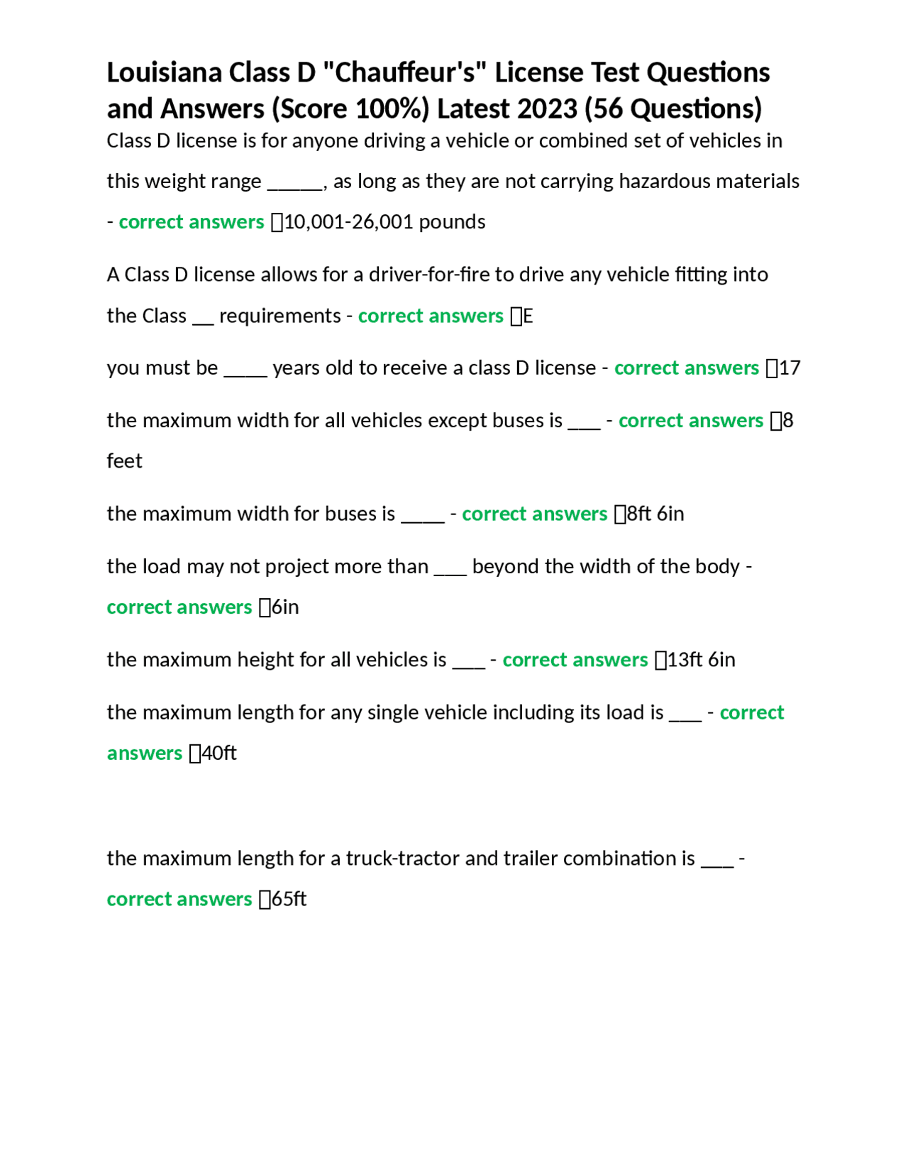 Louisiana Class D "Chauffeur's" License Test Questions and Answers ...