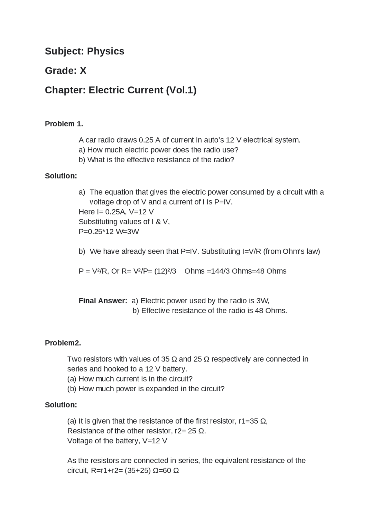 Grade X Physics, chapter Electricity Numerical problems with solutions | Exercises Physics | Docsity