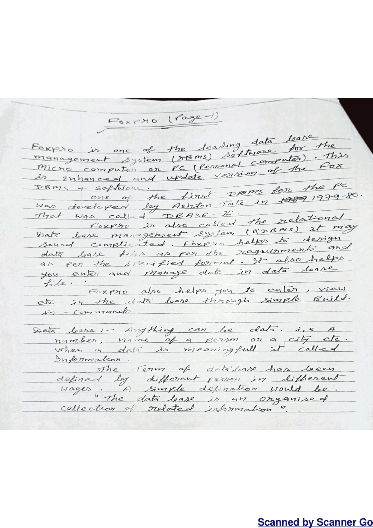 Computer science, foxpro note | Study notes Computer science | Docsity