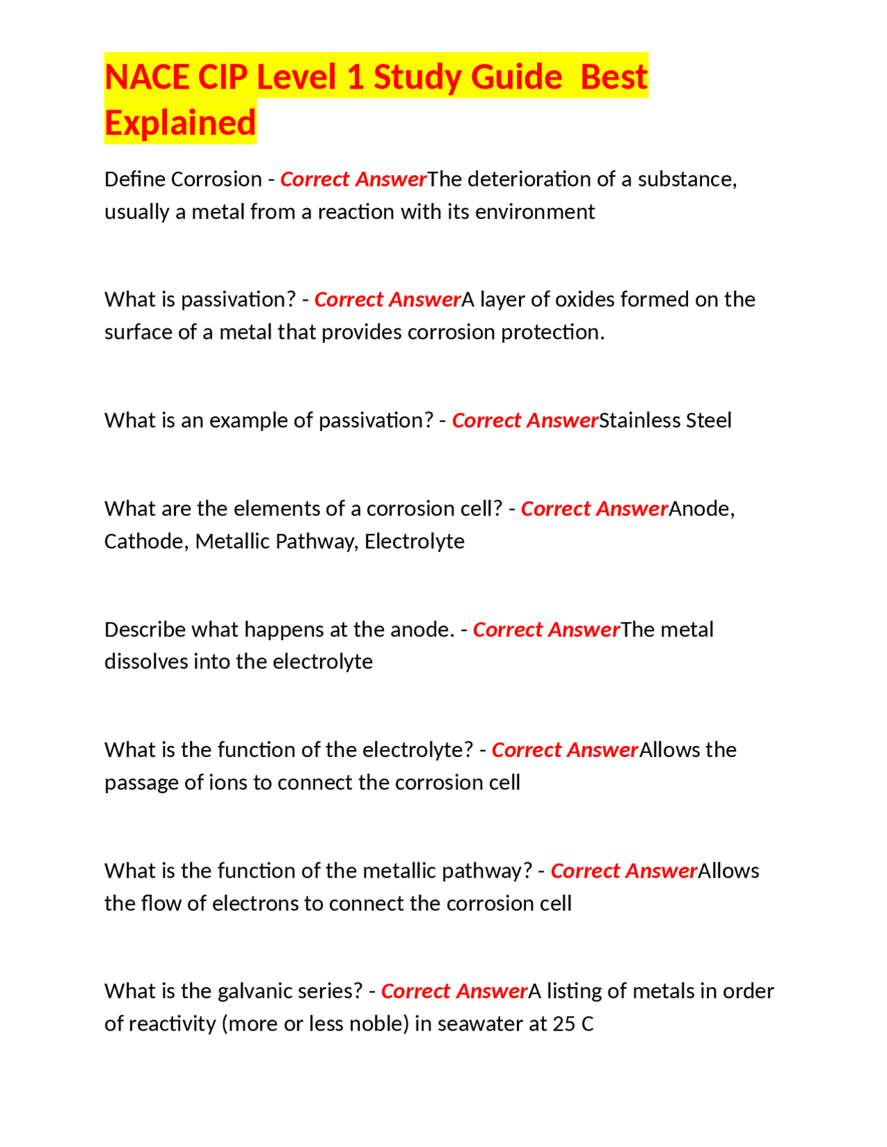 NACE CIP Level 1 Study Guide Best Explained | Exams Nursing | Docsity