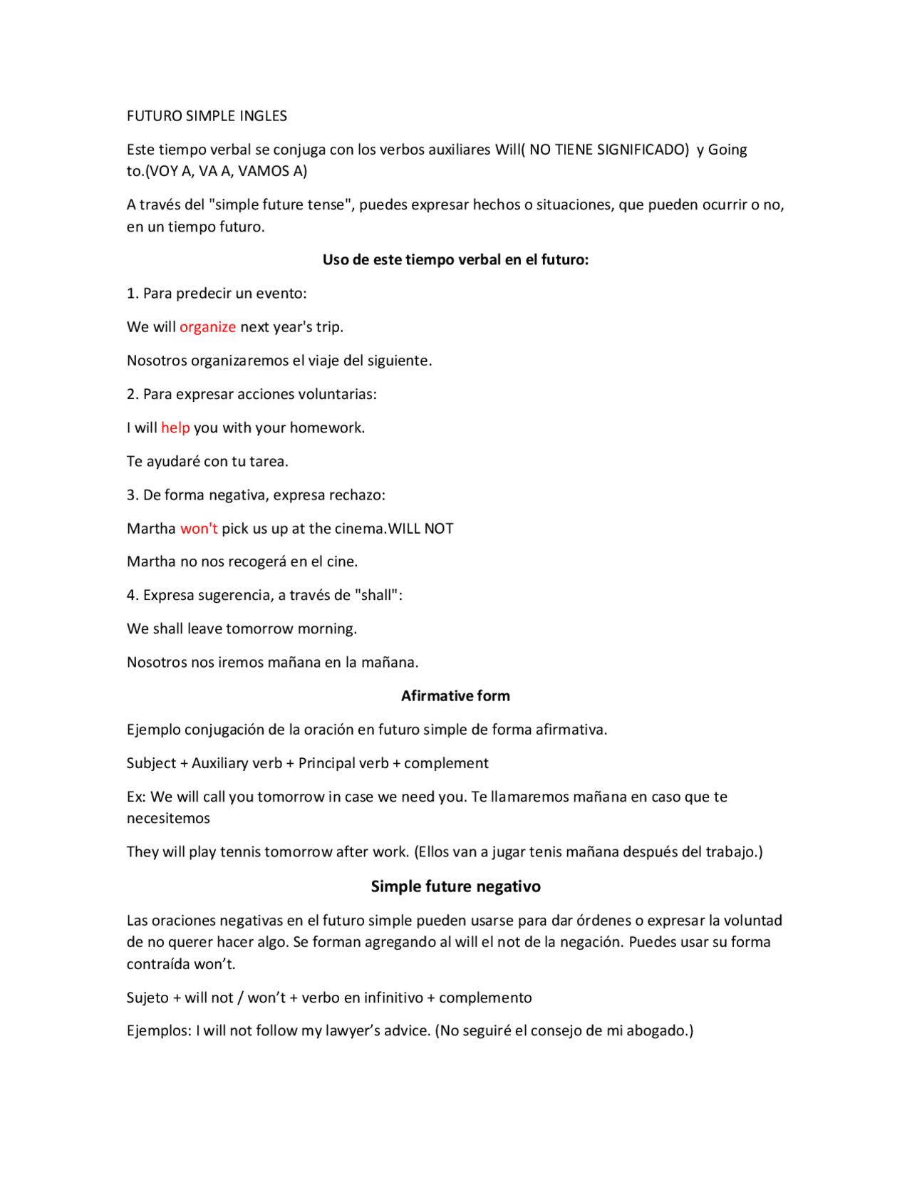 Futuro SIMPLE PRESENT | Guías, Proyectos, Investigaciones de Inglés | Docsity