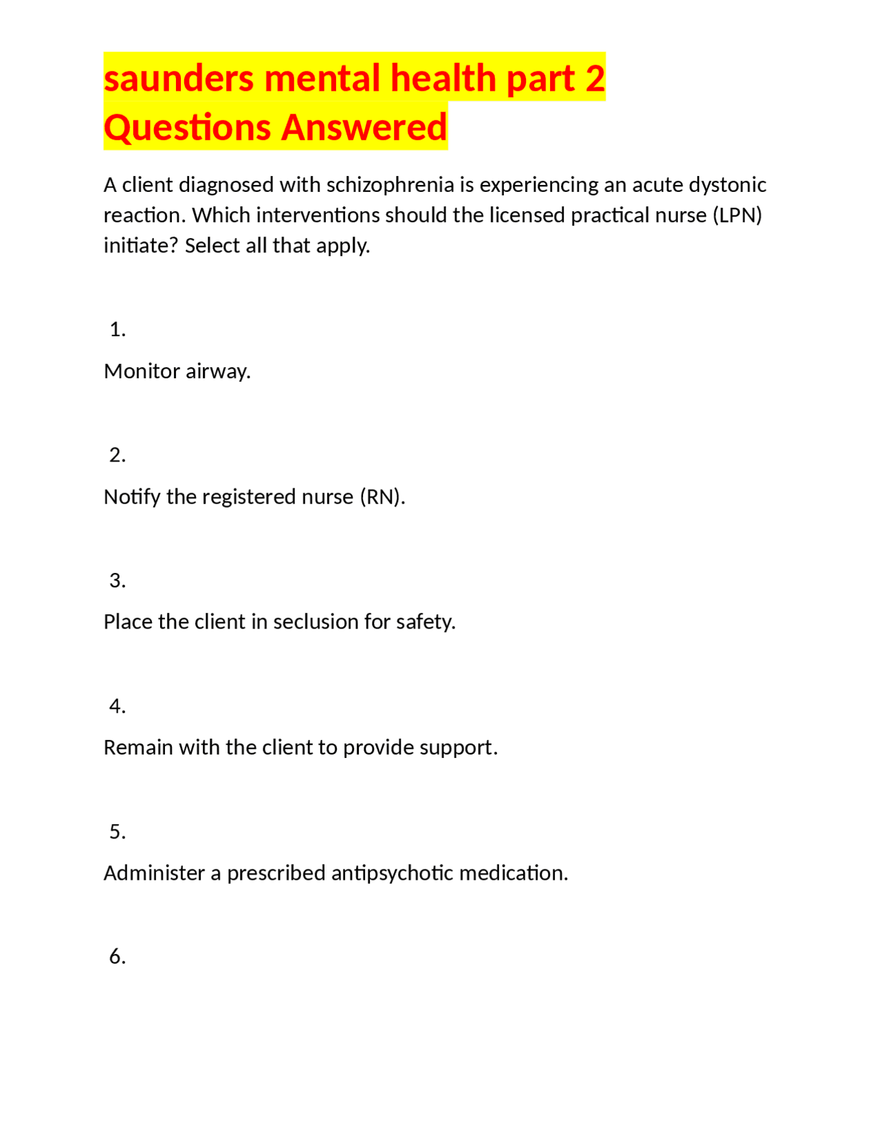 saunders mental health part 2 Questions Answered | Exams Nursing | Docsity
