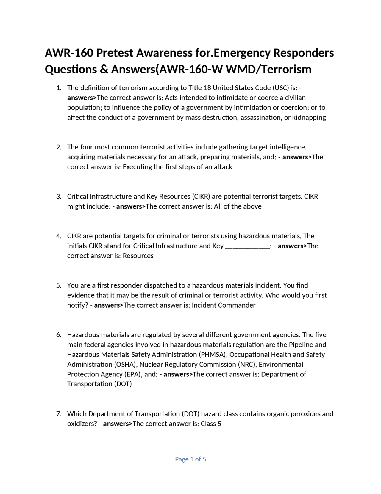 AWR-160 Pretest Awareness for.Emergency Responders Questions & Answers ...