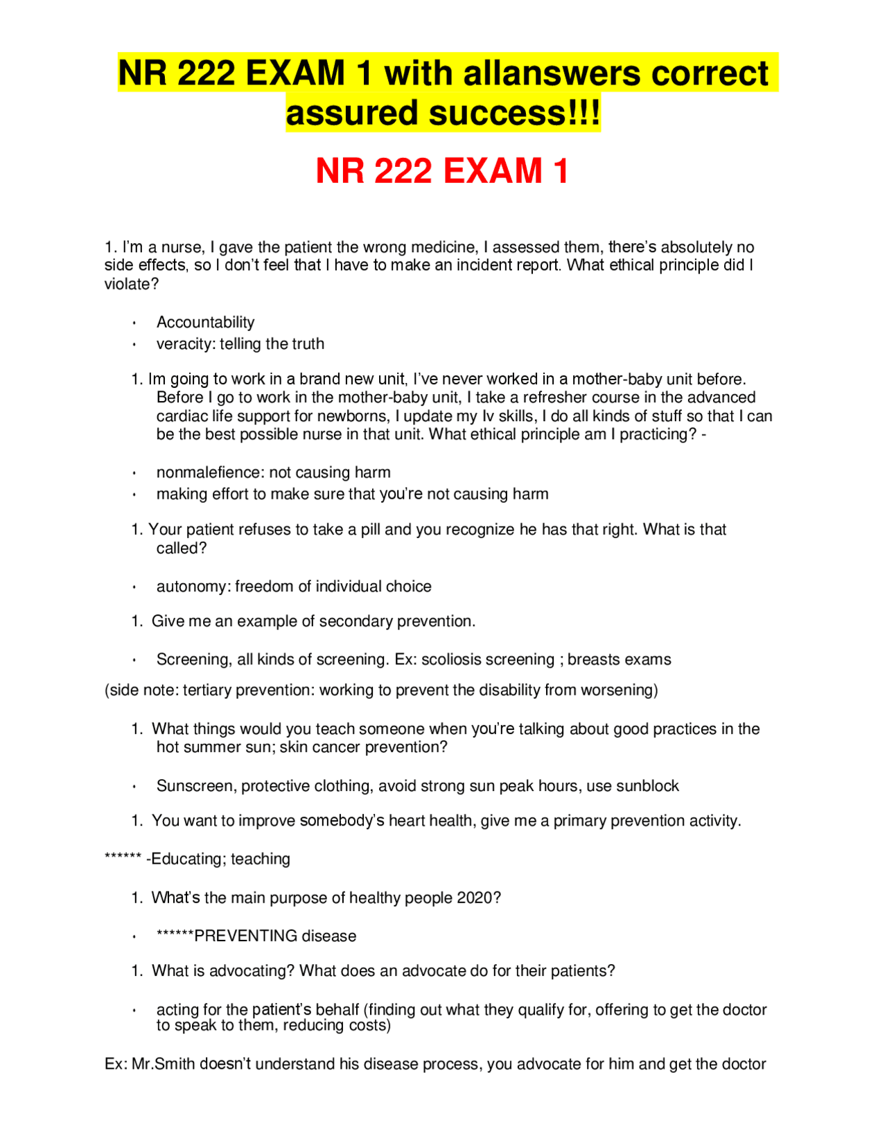 NR 222 EXAM 1 with all answers correct assured success!!! | Exams ...