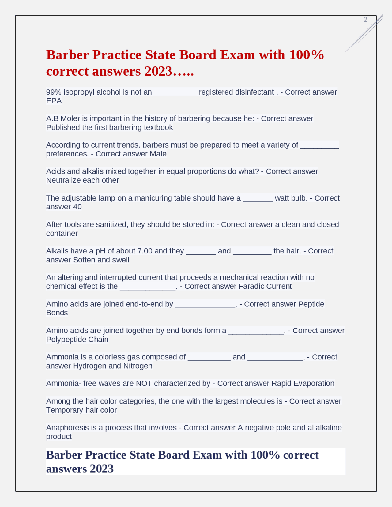 Barber Practice State Board Exam with 100% correct answers 2023….. 99% ...