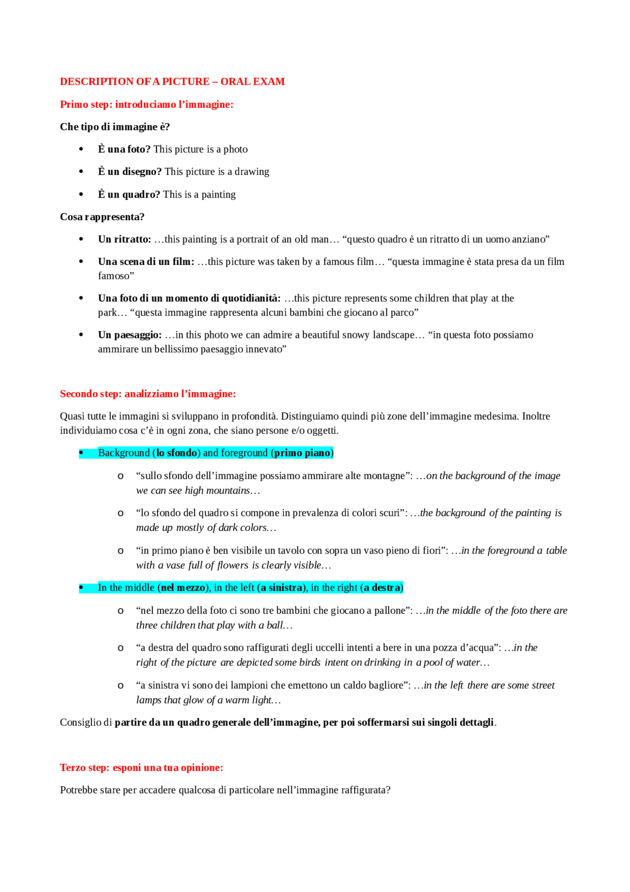 Schema per la descrizione di immagini in Inglese | Schemi e mappe ...