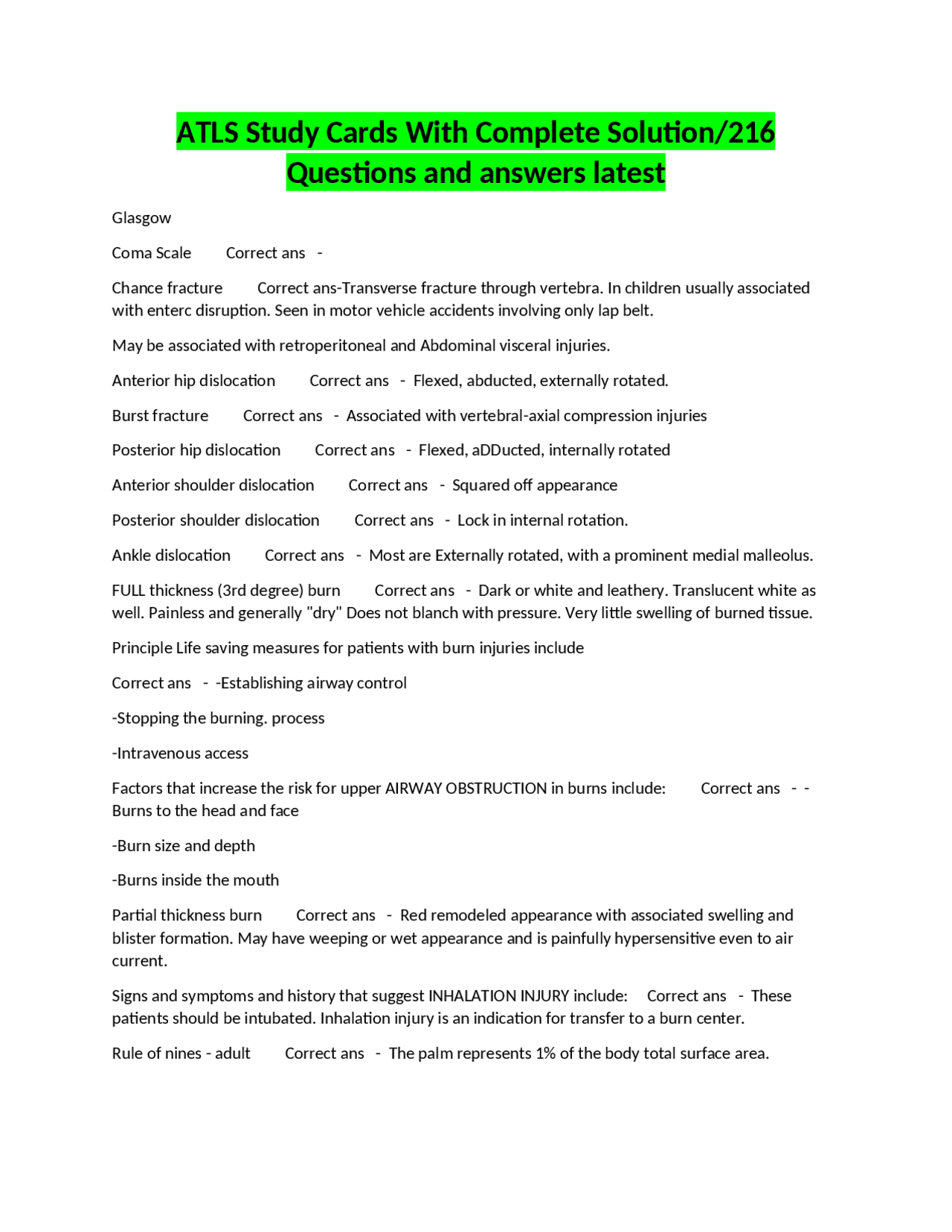 ATLS Study Cards With Complete Solution/216 Questions and answers ...
