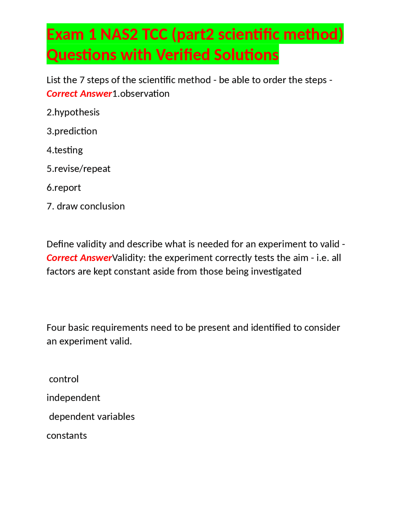 Exam 1 NAS2 TCC (part2 scientific method) Questions with Verified Solutions | Exams Nursing ...