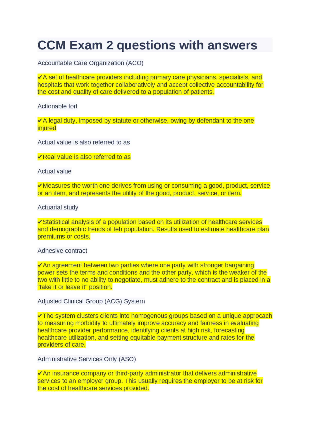 CCM Exam 2 questions with answers | Exams Nursing | Docsity