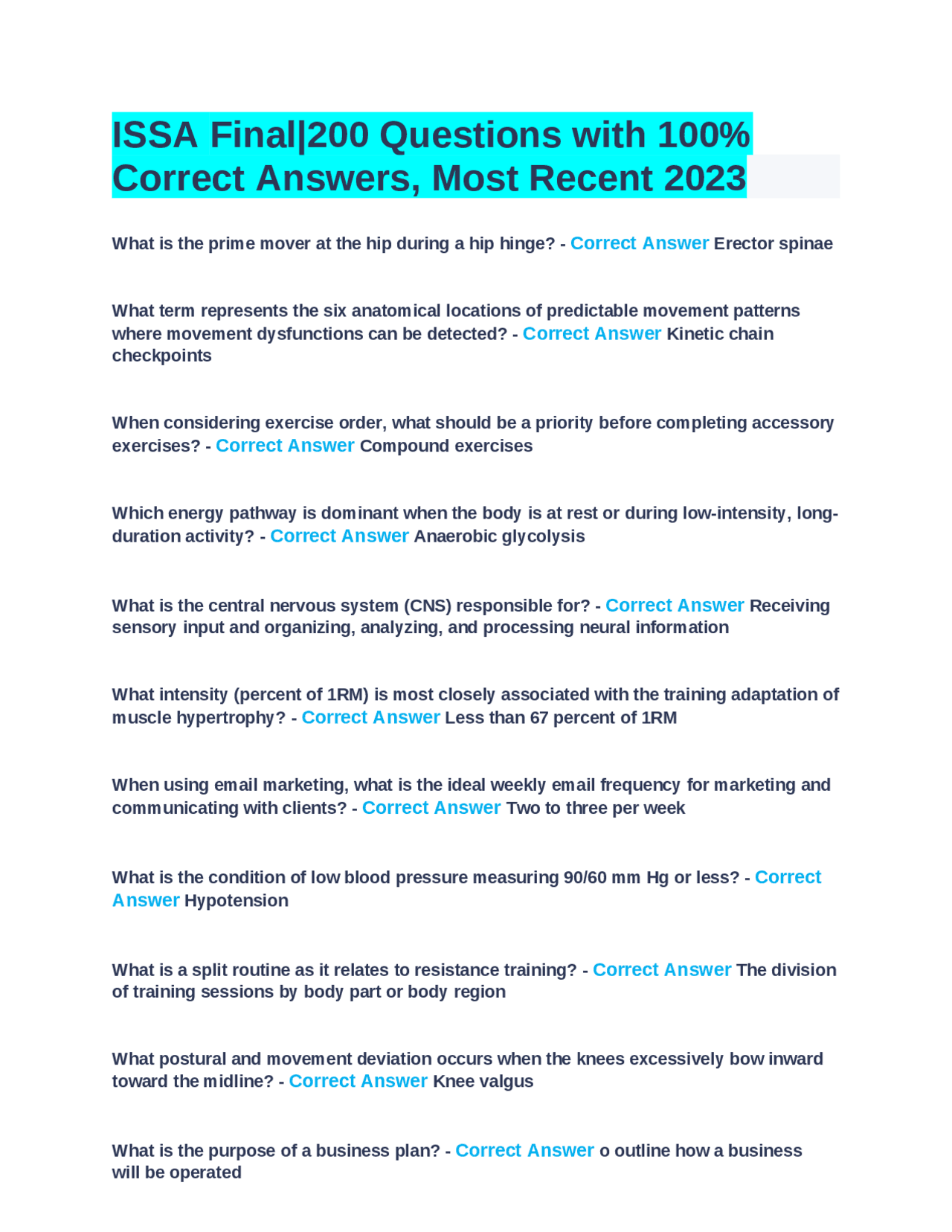 ISSA Final|200 Questions with 100% Correct Answers, Most Recent 2023 ...