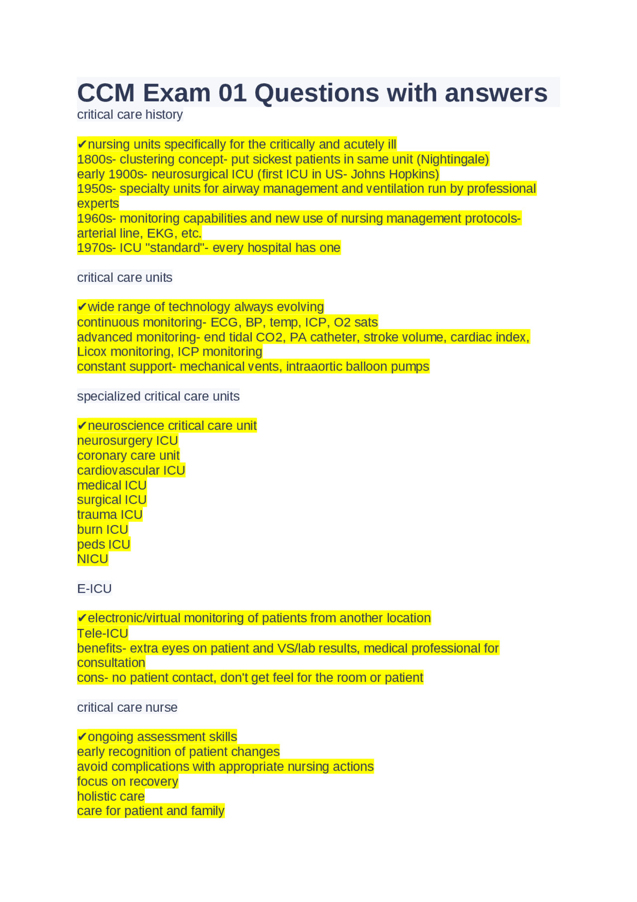 CCM Exam 01 Questions with answers | Exams Nursing | Docsity