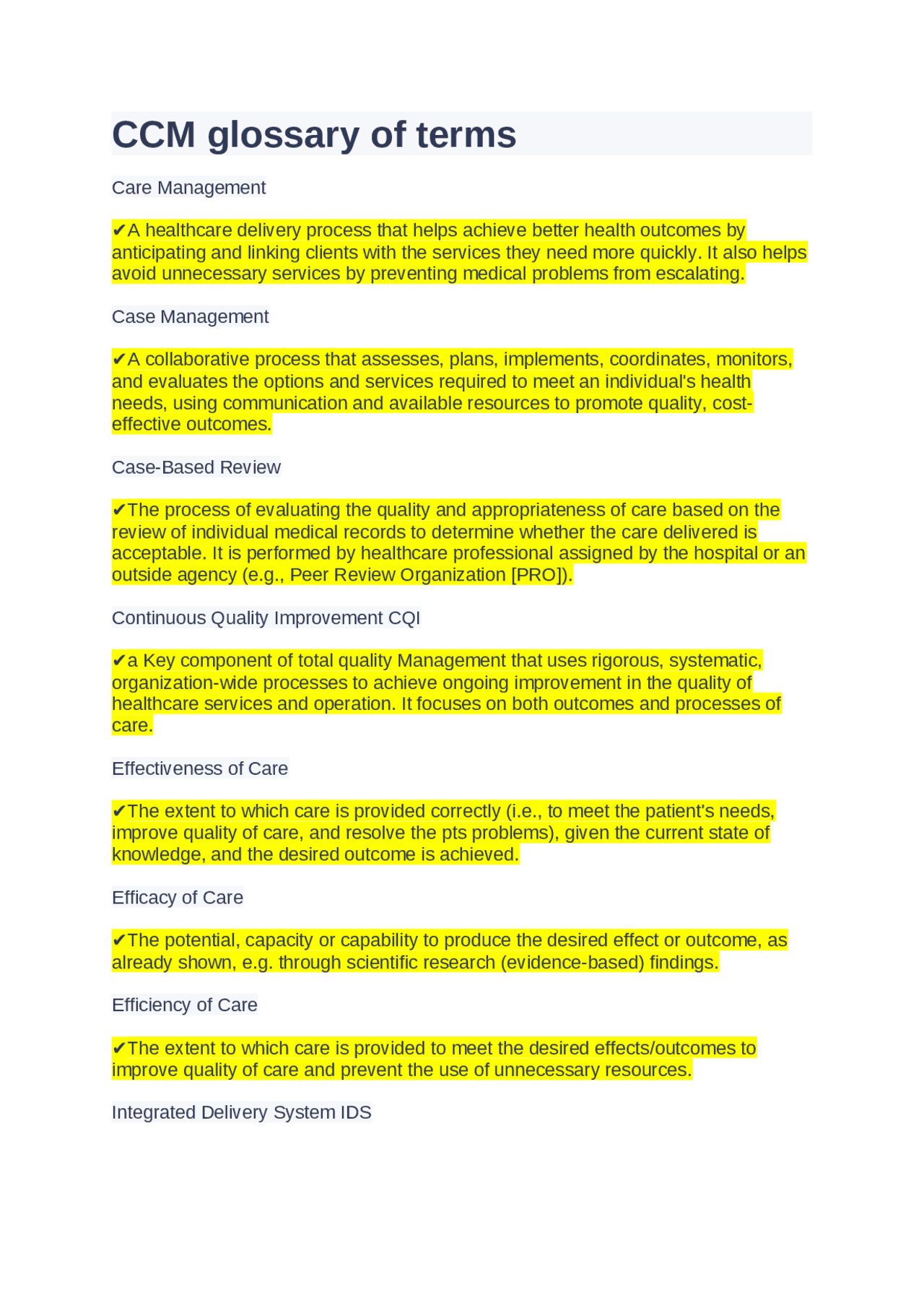 Ccm Glossary Of Terms Exams Nursing Docsity