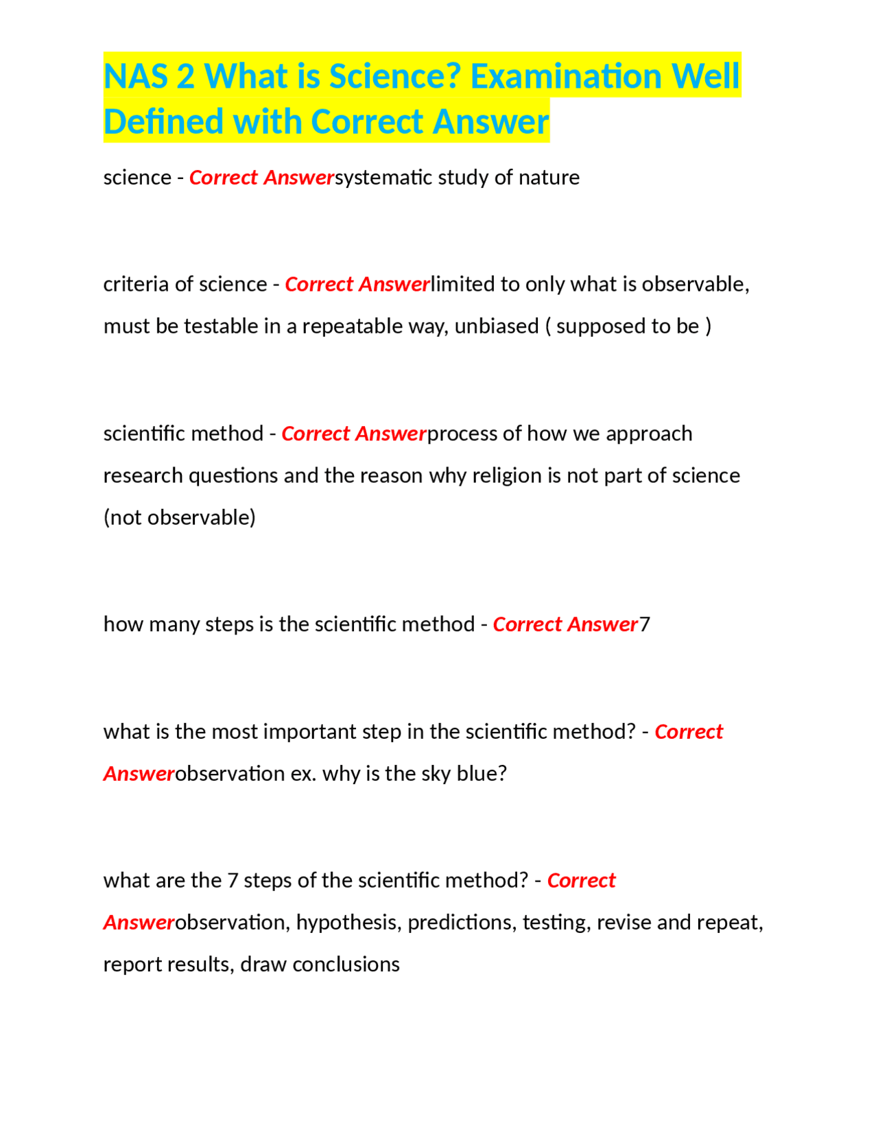 NAS 2 What is Science? Examination Well Defined with Correct Answer ...