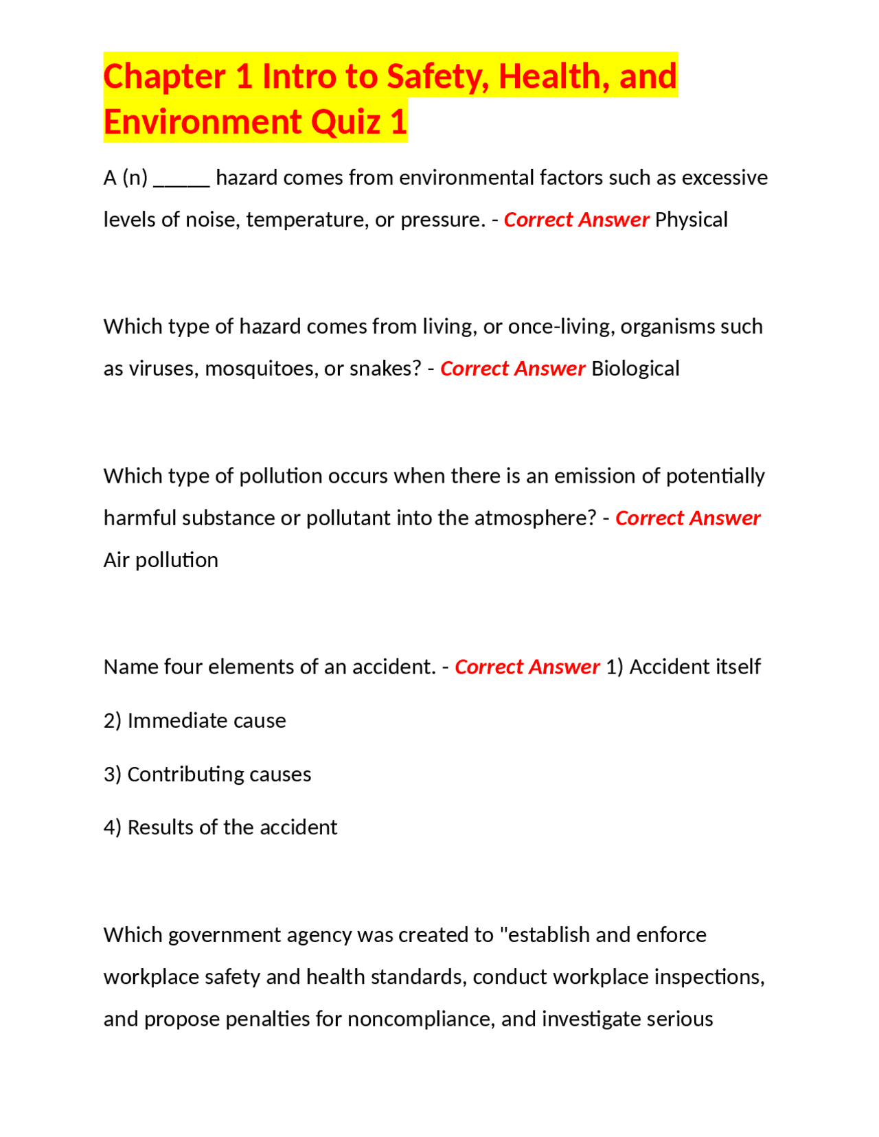 Chapter 1 Intro to Safety, Health, and Environment Quiz 1 | Exams ...