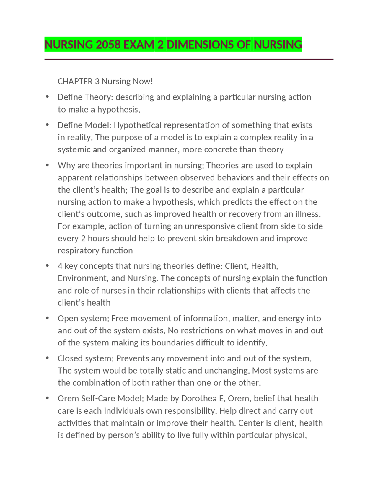 NURSING 2058 EXAM 2 DIMENSIONS OF NURSING | Exams Nursing | Docsity