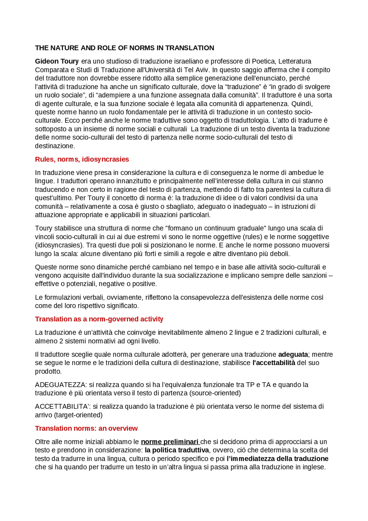 Saggio The Nature And Role of Norms di Toury Traduttologia Generale | Schemi e mappe concettuali ...