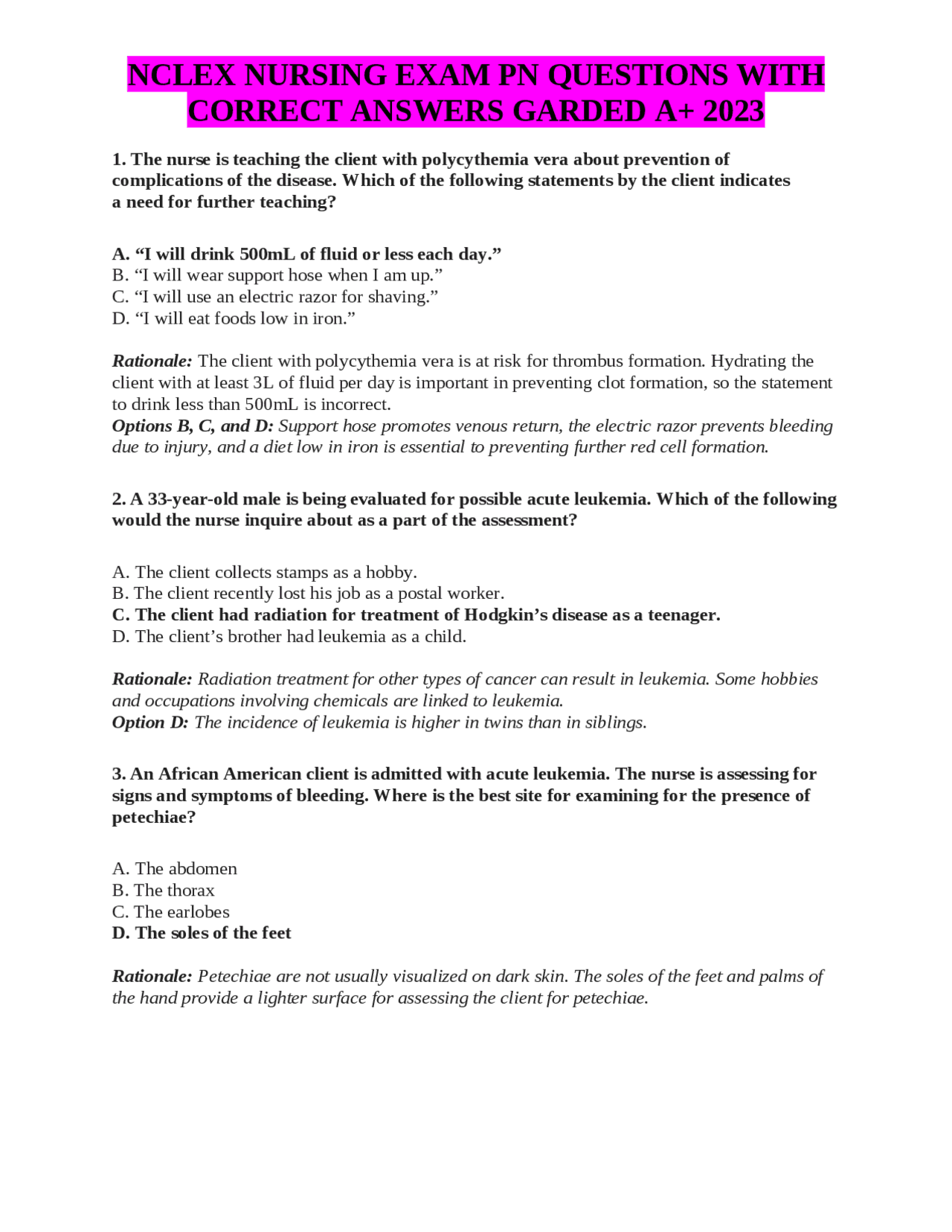 Nclex Nursing Exam Pn Questions With Correct Answers Garded A 2023