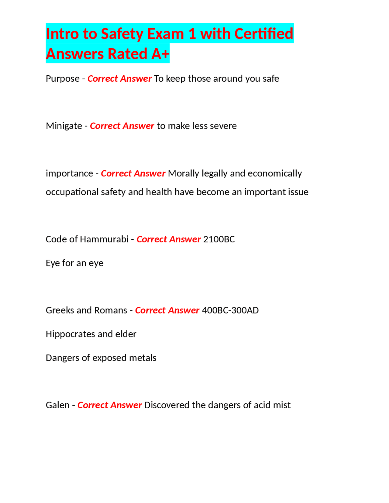 Intro to Safety Exam 1 with Certified Answers Rated A+ | Exams Nursing ...