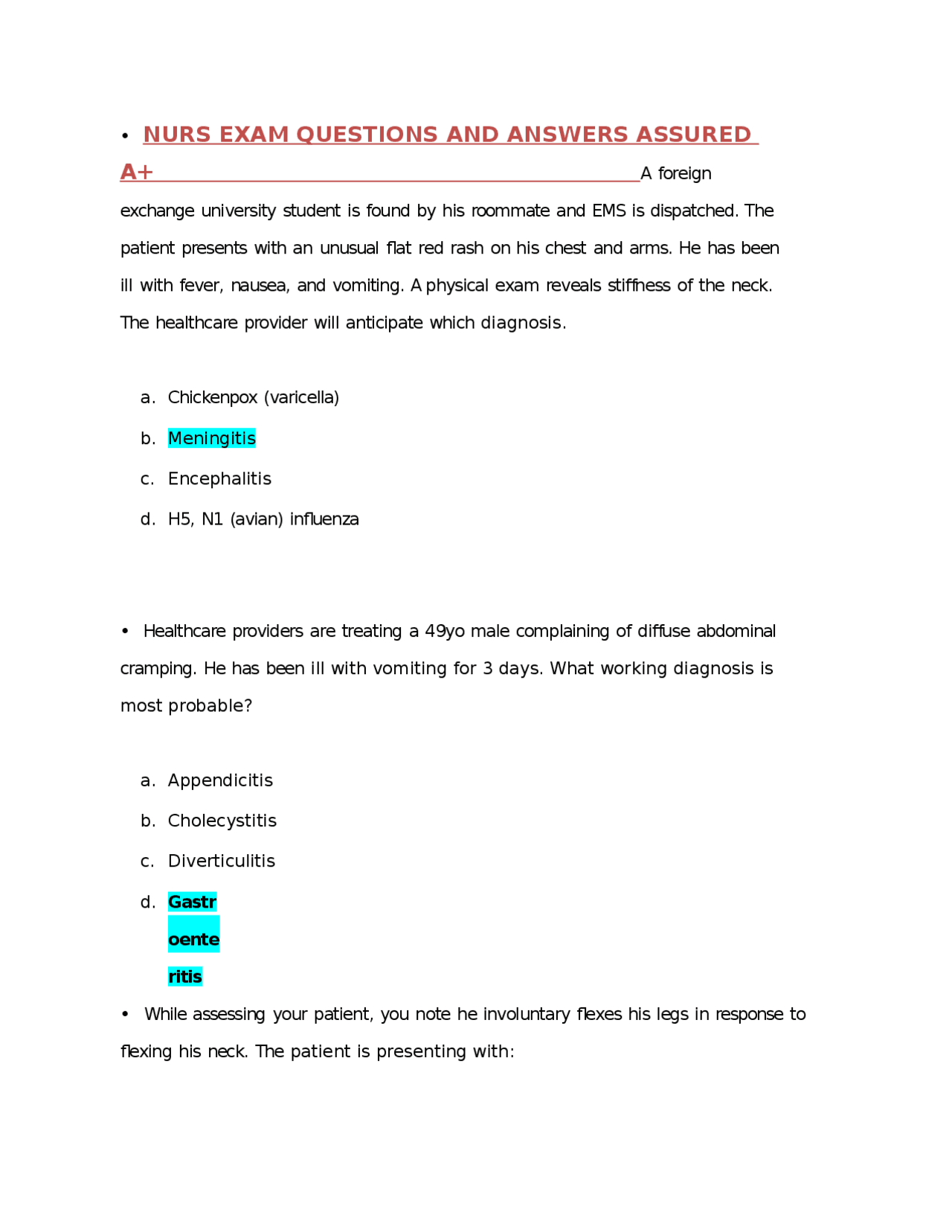 Nurs Exam Questions And Answers Assured A Exams Nursing Docsity