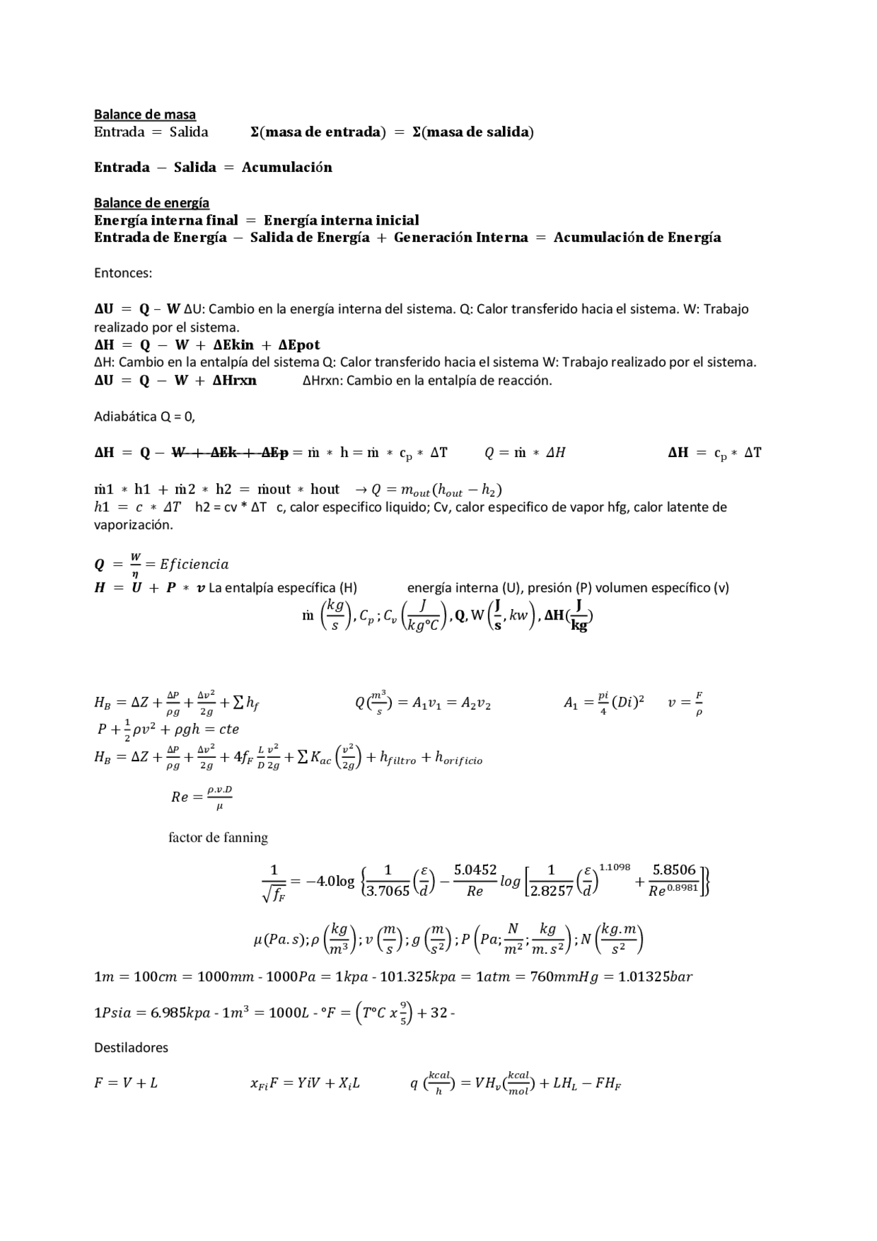 Formulario de examen para balance de materia y energía aplicado en ejercicios de BM - BE ...